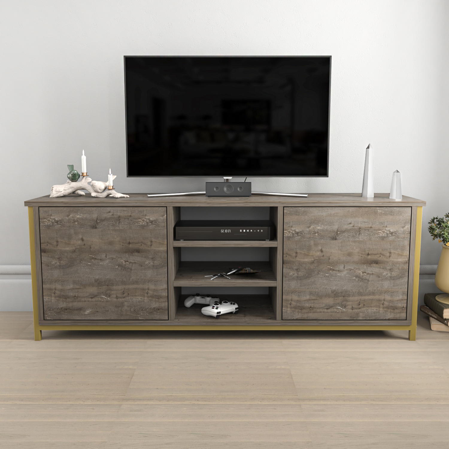 Otis Meuble TV 140 cm Placards et Étagères Ouvertes (Wenge et Doré ...