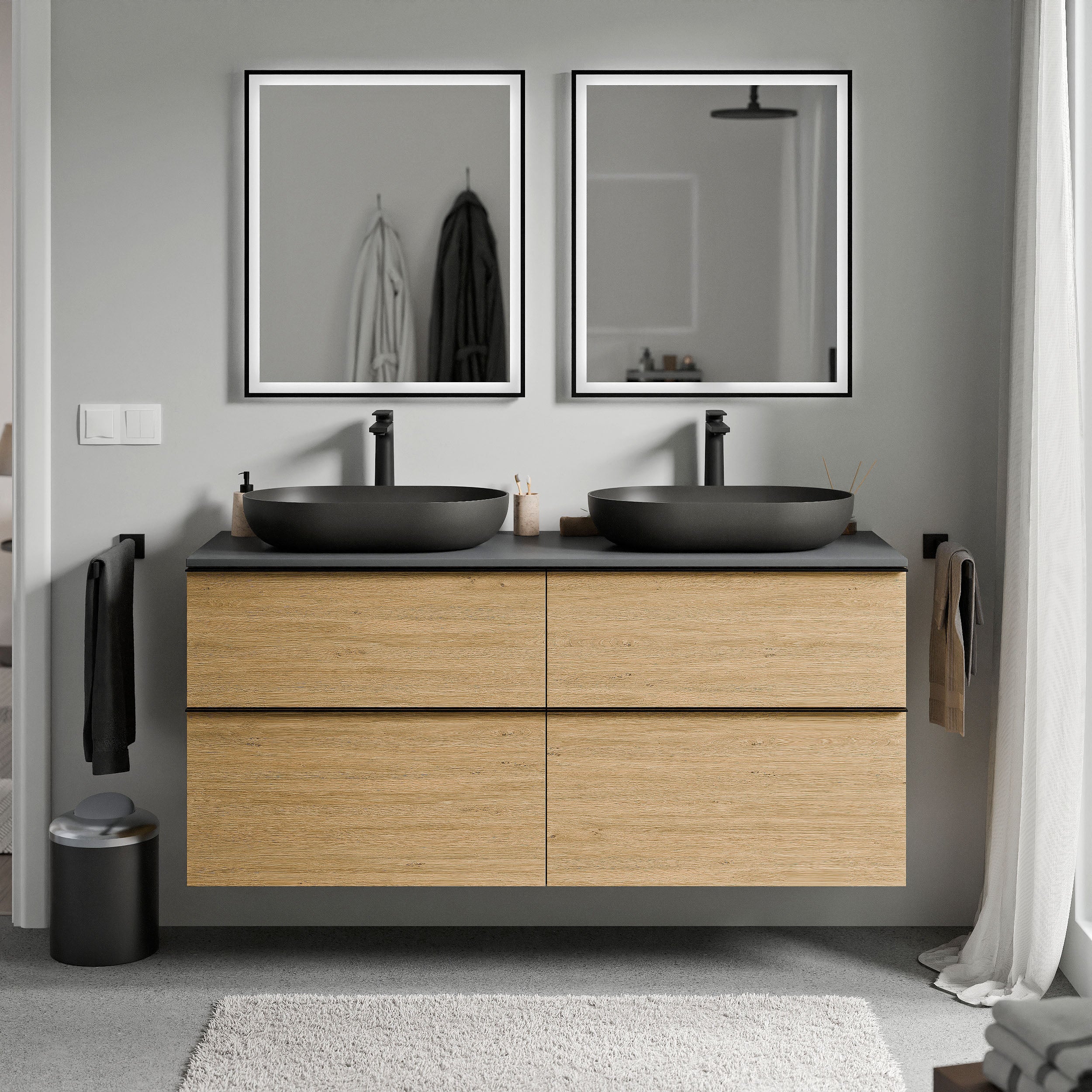 BERNSTEIN - Mueble lavabo suspendido MDF roble miel, encimera + tirador ...