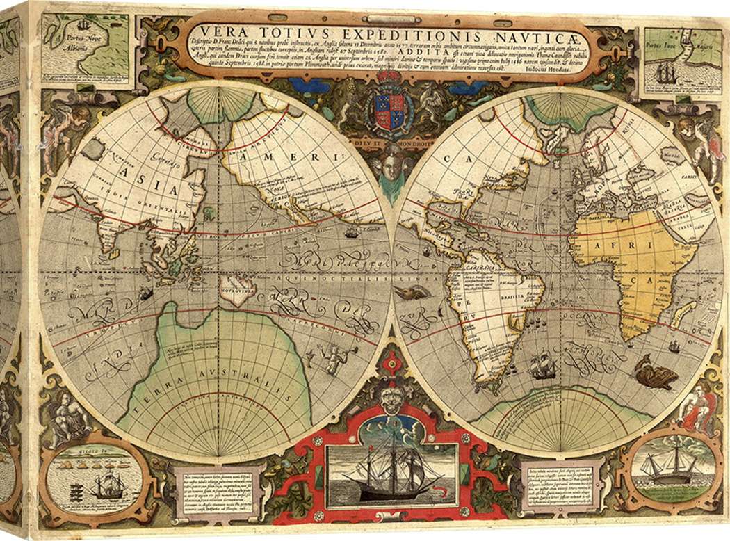 Planisphère classique, impression sur toile - Hendrik Hondius, Vera ...