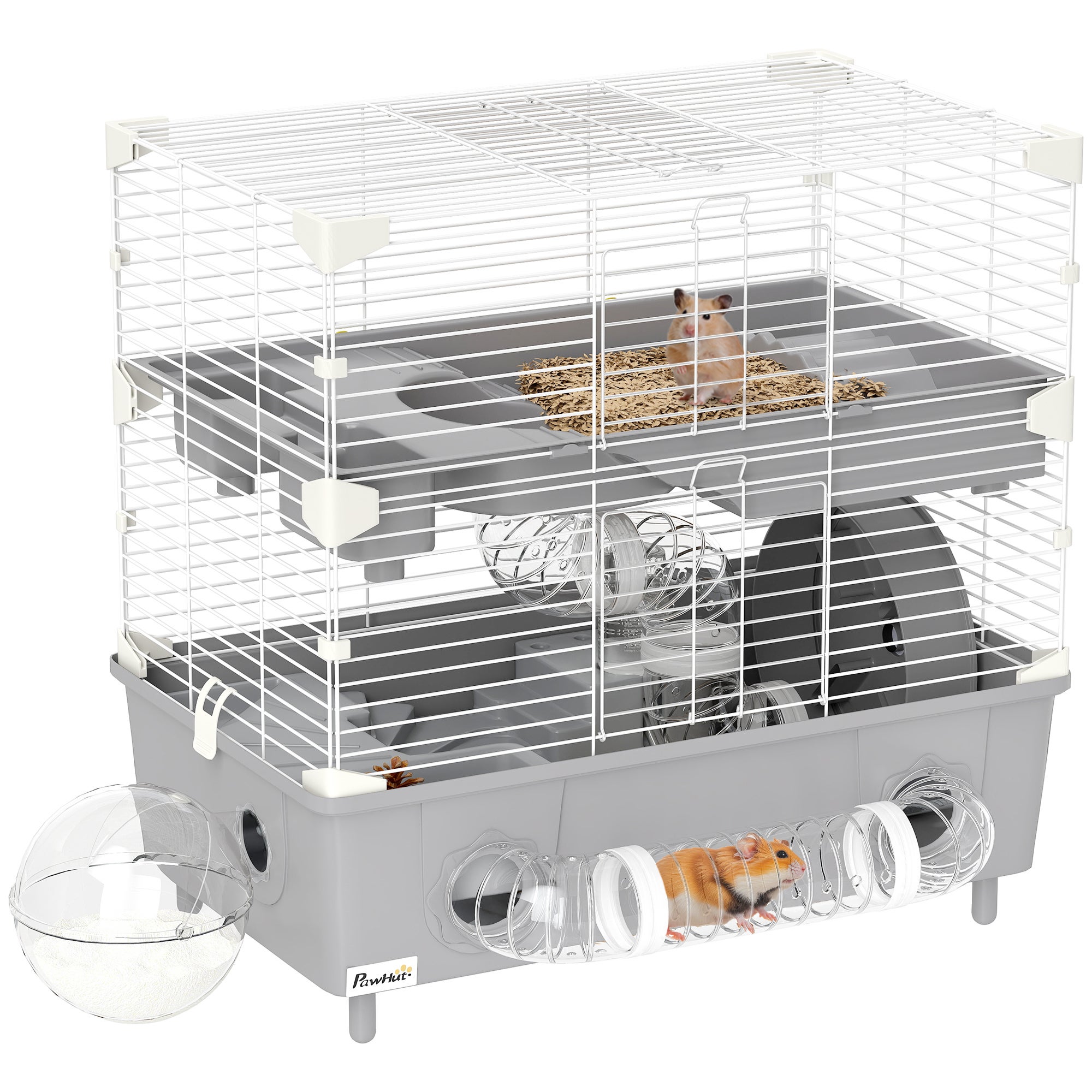 Cage à hamster à 2 niveaux et 3 portes avec roue et tubes, en acier, PS ...