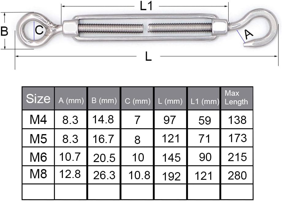 5pcs M8 Stainless Steel 304 Hook & Eye Turnbuckle Hook Wire RopeTension ...
