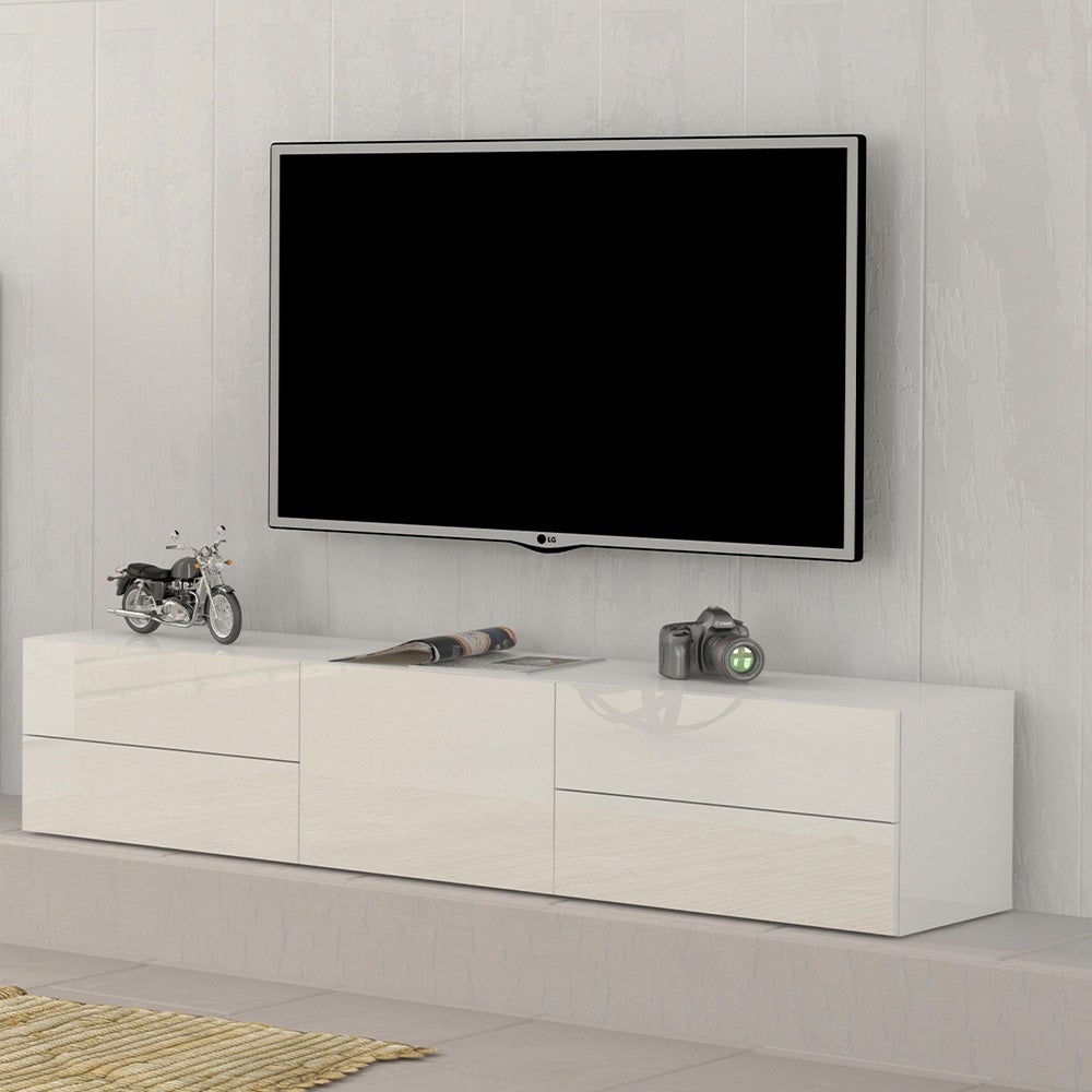Mueble de TV blanco brillante diseño 170 cm puerta 4 cajones Metis ...