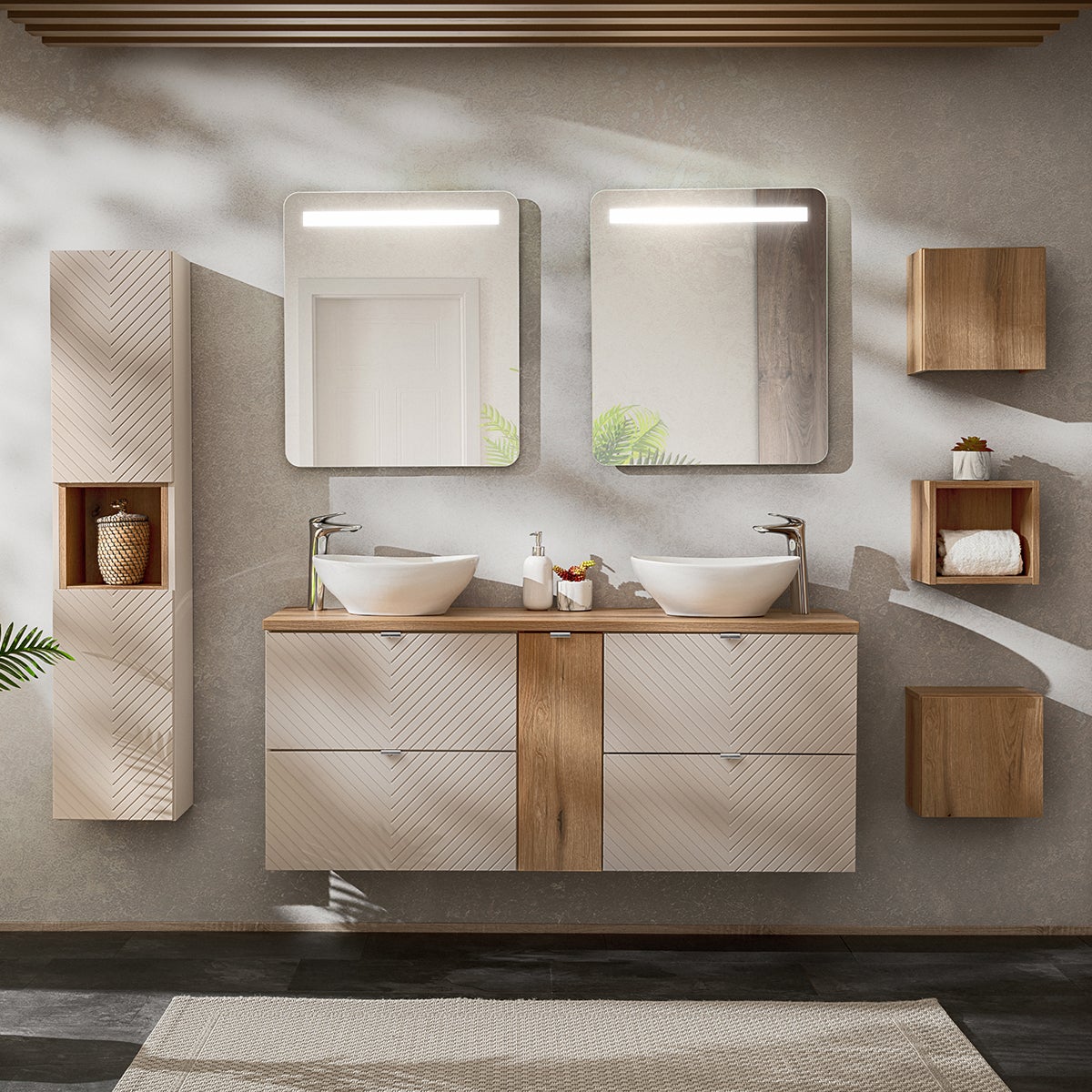 Ensemble meuble double vasque 140cm 4 tiroirs miroirs LED colonne et 3 ...