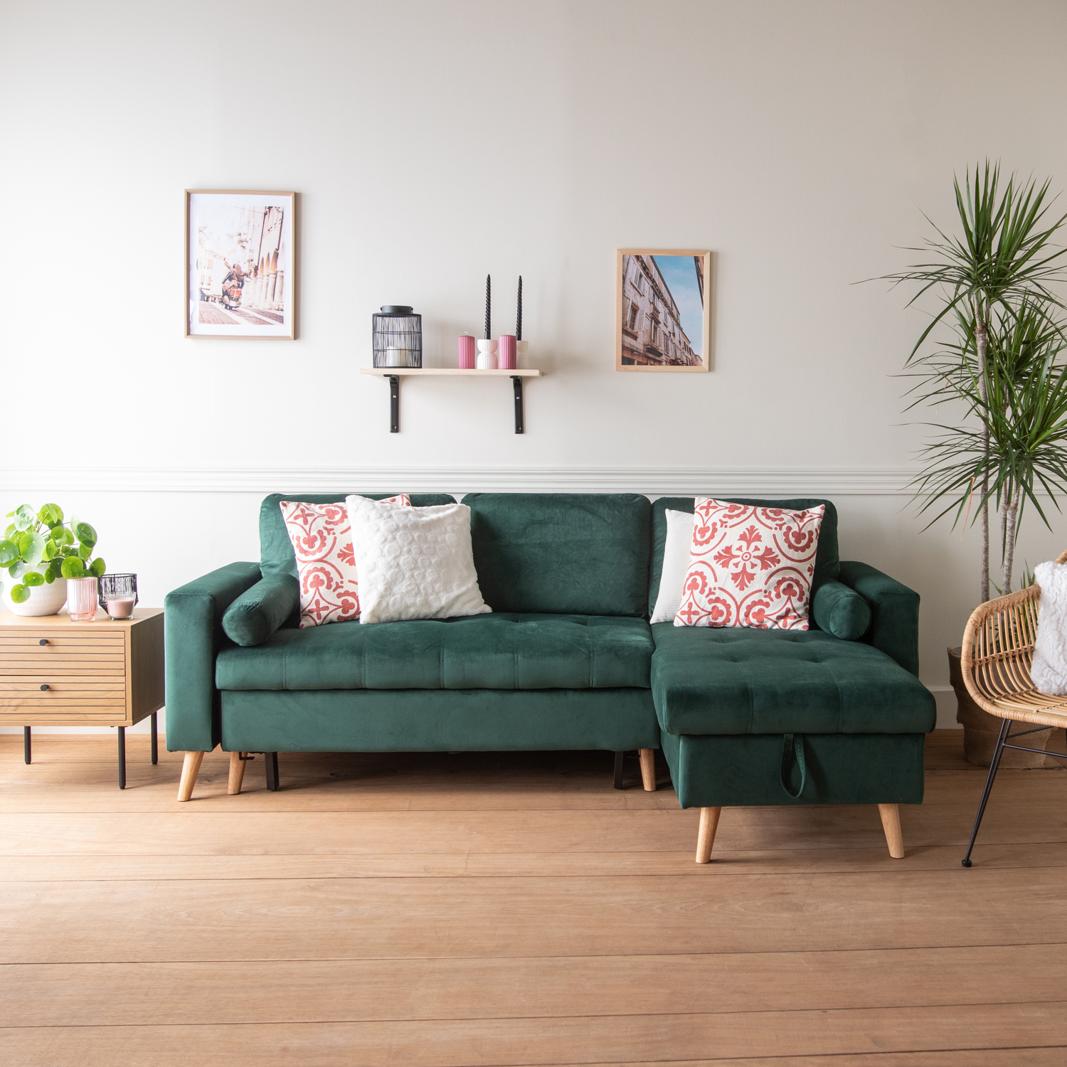 Canapé d'angle convertible JAMES 3 places en velours vert | Leroy Merlin