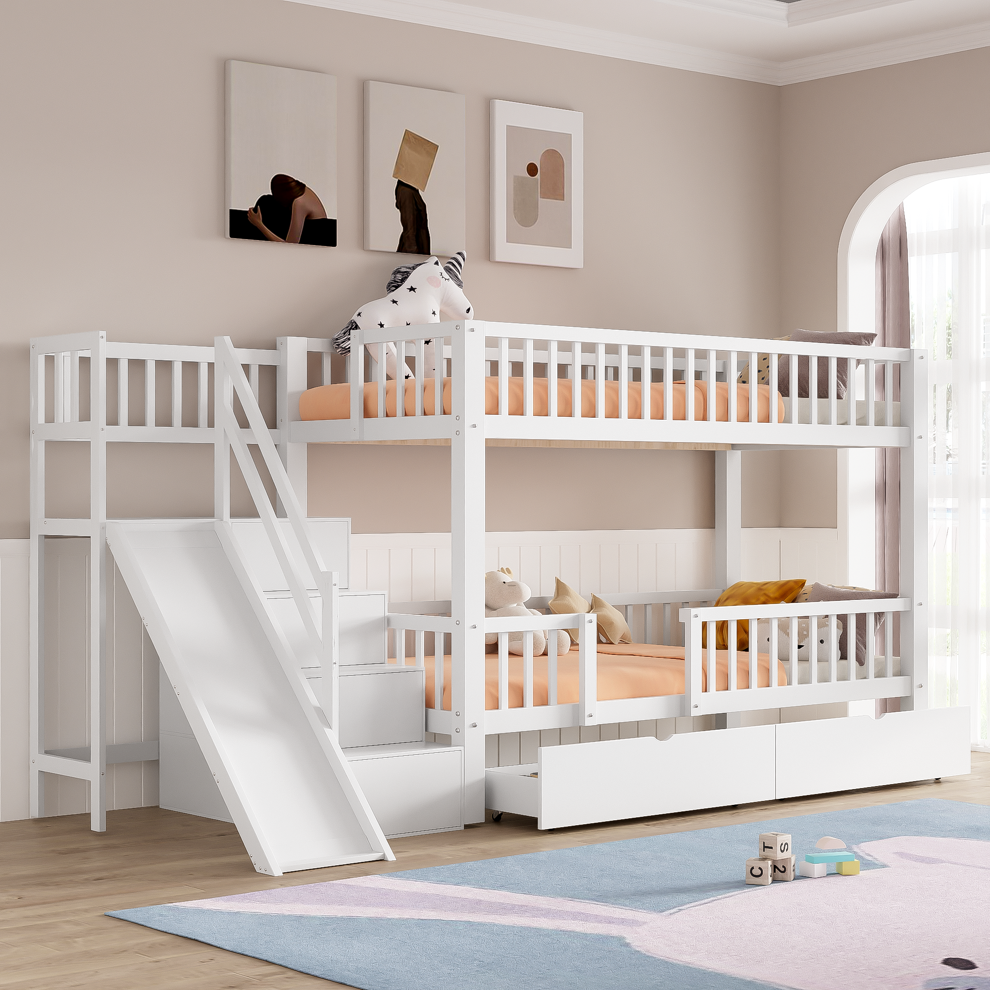 Litera de madera y MDF - 90x200 cm - con tobogán y escalera - Blanco ...