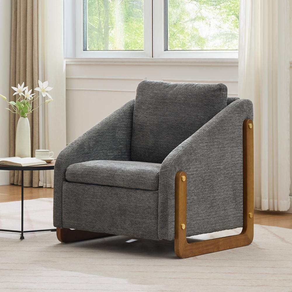 Sillón lounge de tela chenilla con reposabrazos de madera, diseño ...