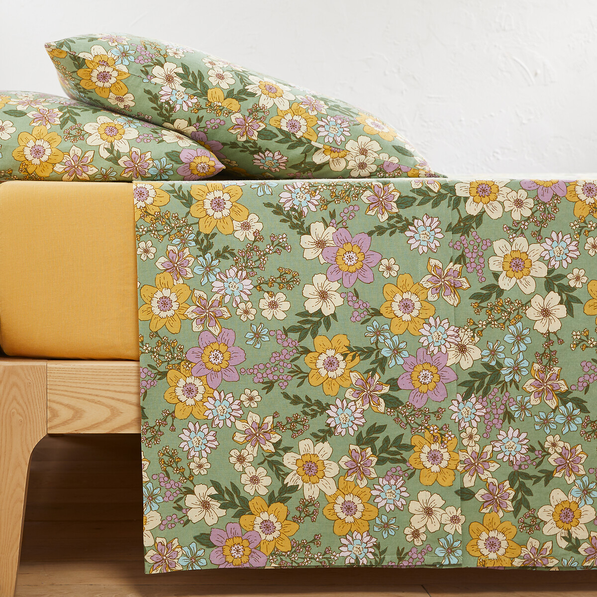 Drap plat en coton/lin lavé, Rosemary vert - Imprimé fleurs - 270 x 290 ...
