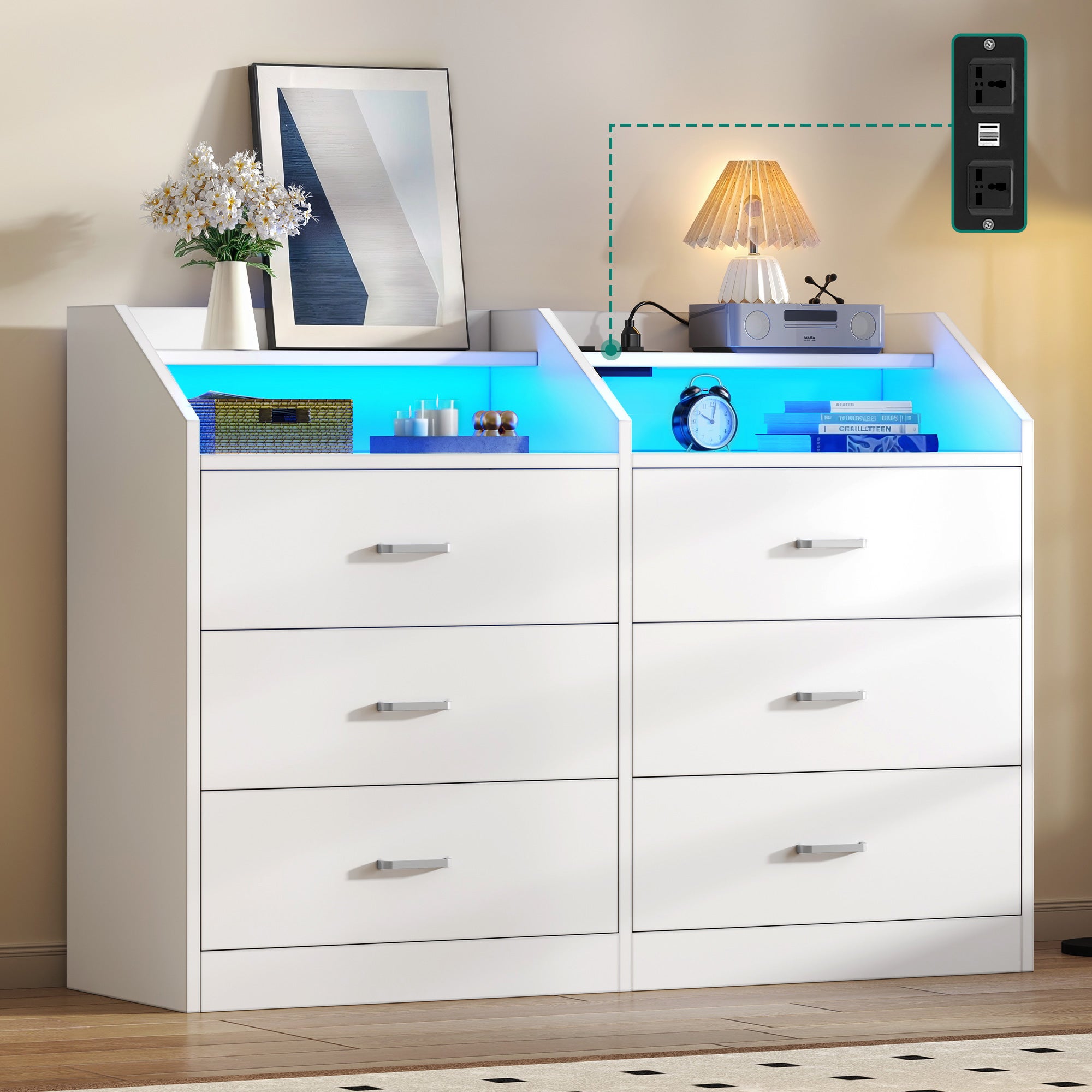 Commode YITAHOME 6 Tiroirs - Blanche - avec 2 prises et 2 ports USB ...