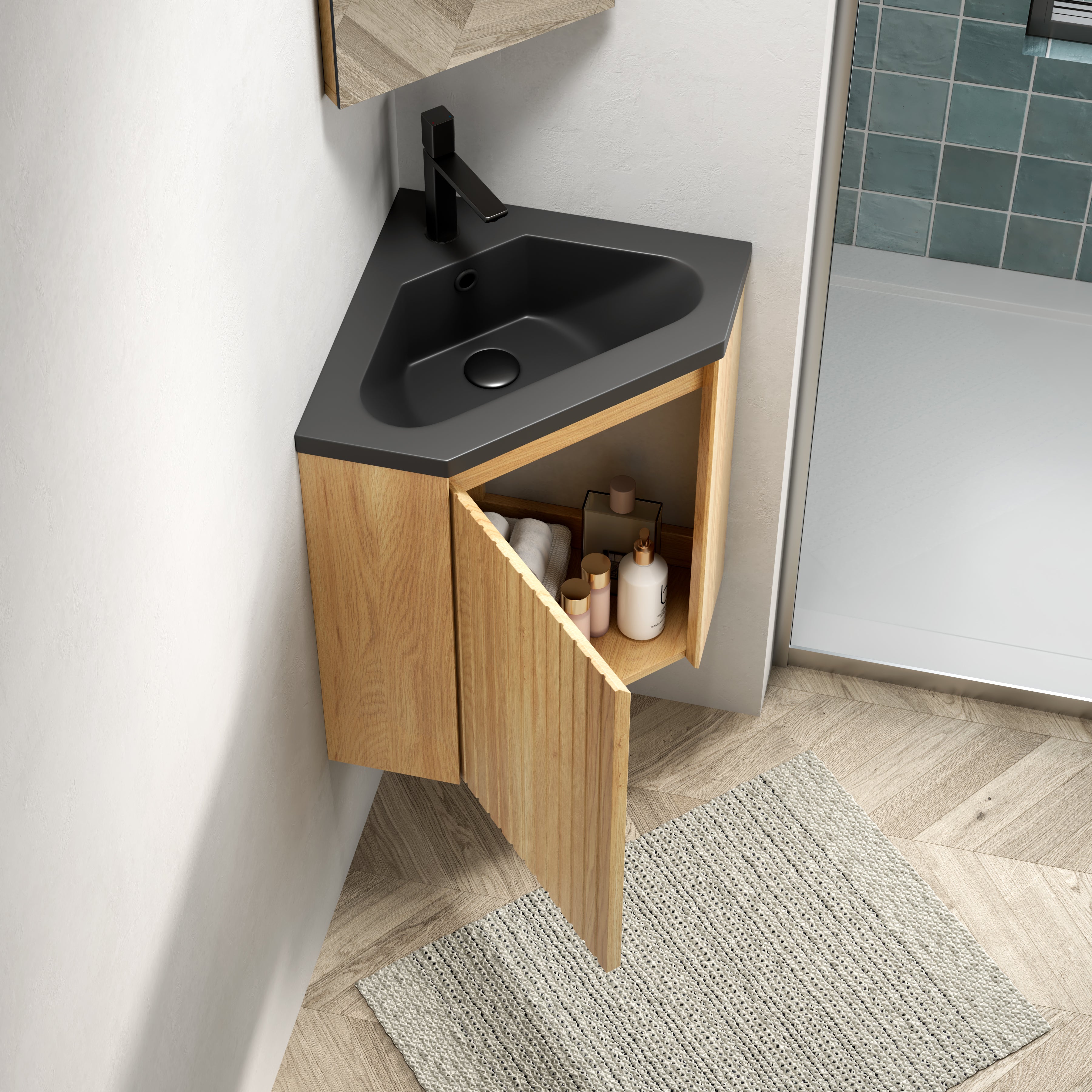 Mueble de baño esquinero suspendido de 38 cm con lavabo integrado de ...