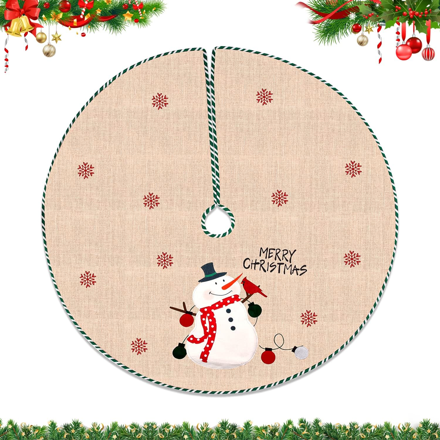 Couvre Pied Sapin Noël, Tapis d'Arbre en Lin avec Flocons de Neige ...