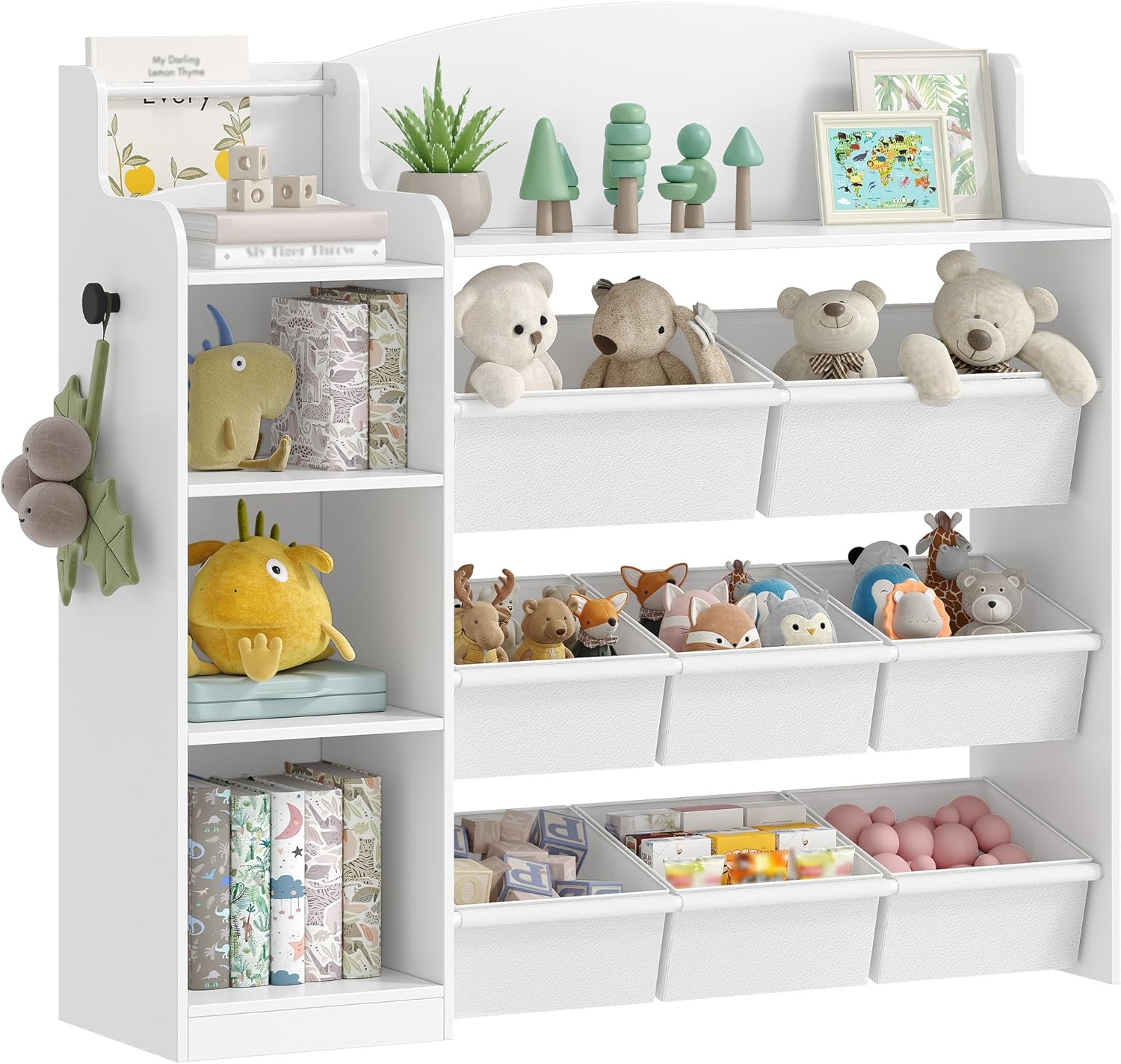 Libreria per bambini da 110 cm, in legno, con 8 contenitori in tessuto ...