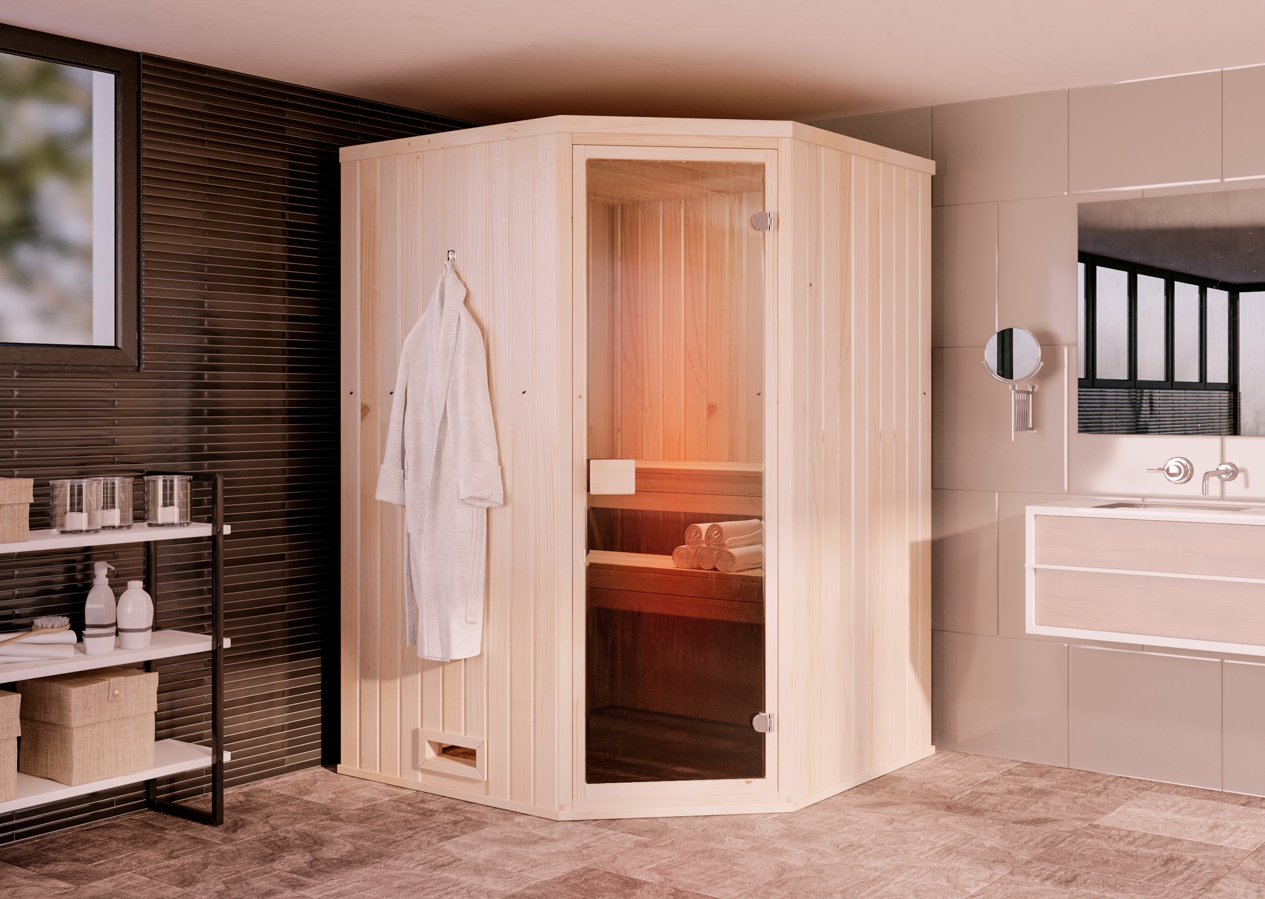 Sauna d'angle intérieur FinnTherm, 1.9x1.8m dim. ext. (cas échéant incl ...