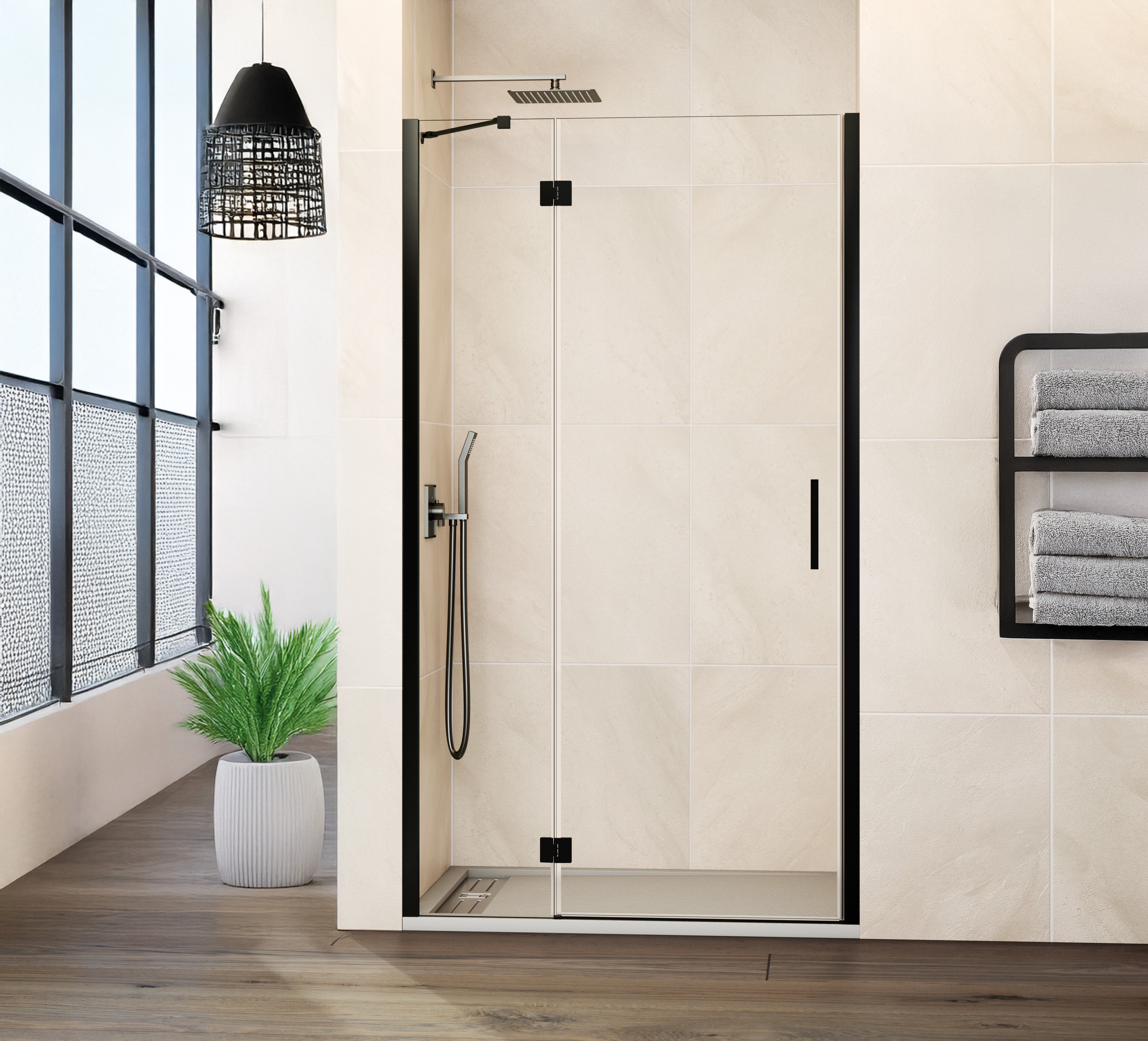 PAROI FIXE + PORTE BATTANTE PLAGE D'INSTALLATION 74.5-80 cm (25-50) MODÈLE: BISAGLASS TITANE ...