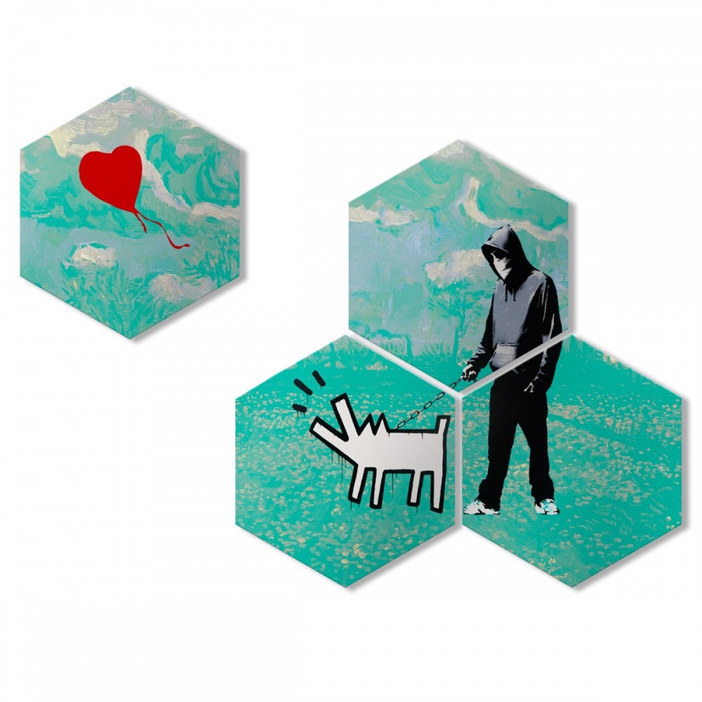 BANKSY-HARING - Sweat À Capuche Guy, Chien Et Ballon Rouge - 4 Toiles ...