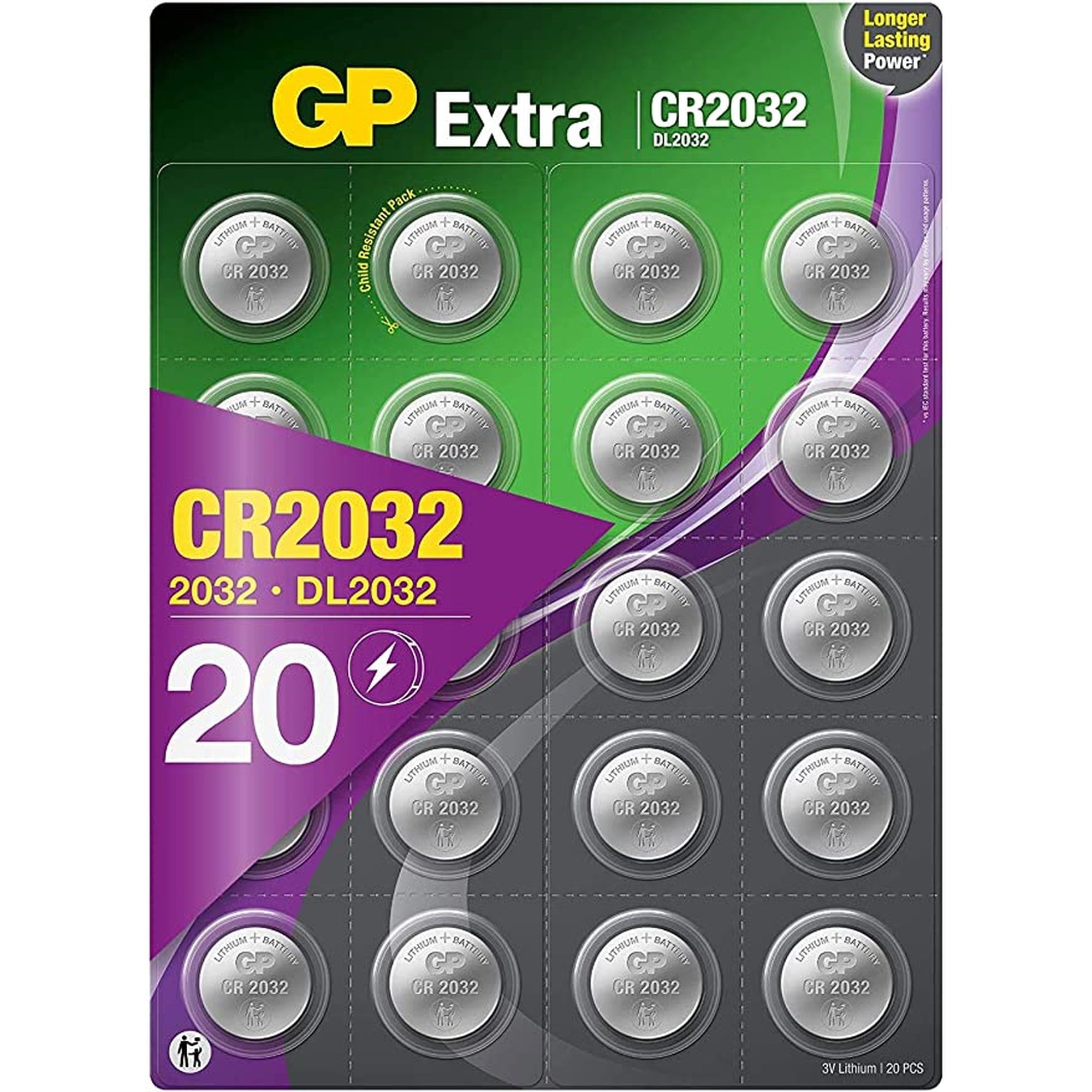 CR2032 - Paquet de 20 pièces GP Extra CR2032, 3V, pile bouton au lithium Longue durée de vie ...
