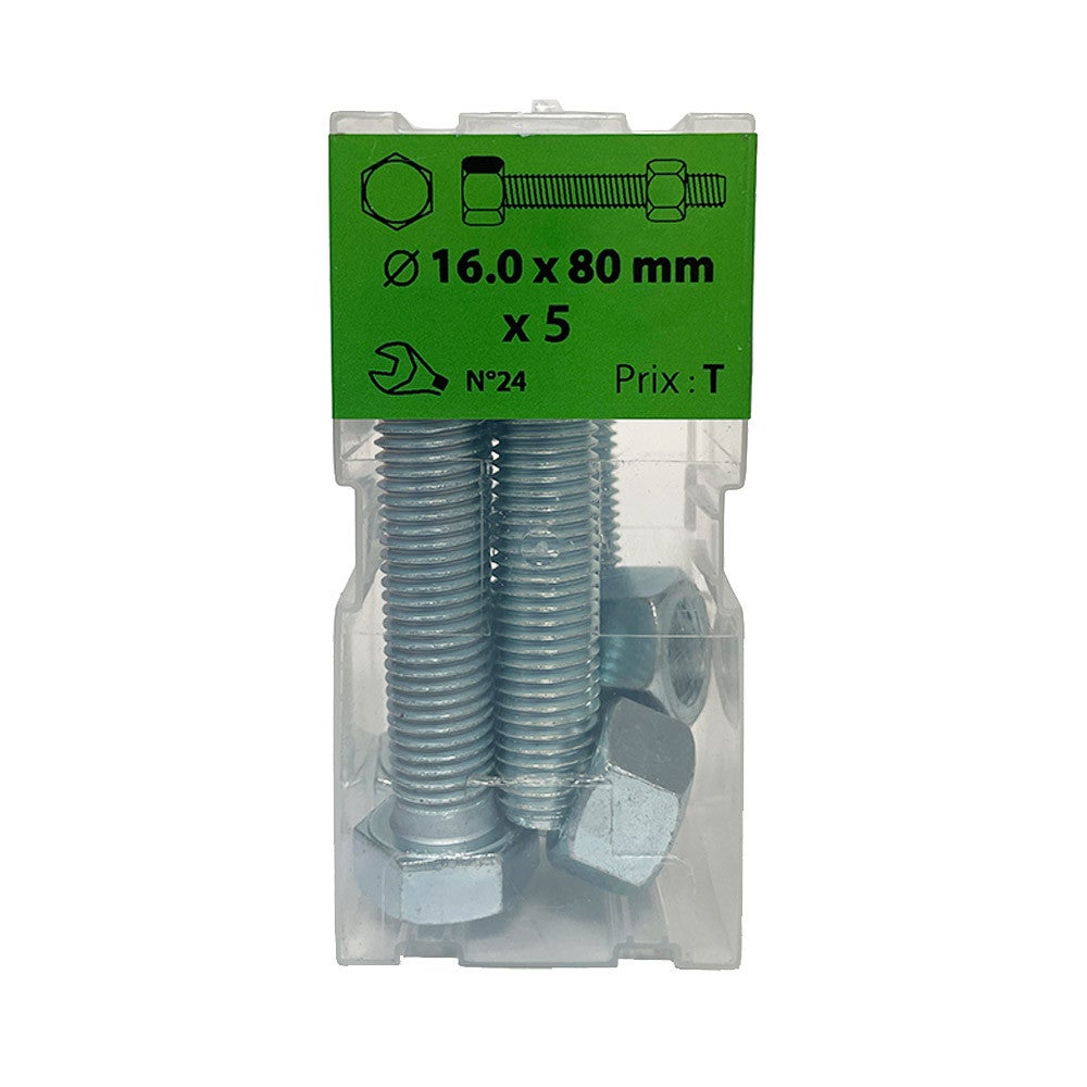 Boite 5 vis 16 x 80mm tête hexagonale + écrou classe 8.8 zingué ...