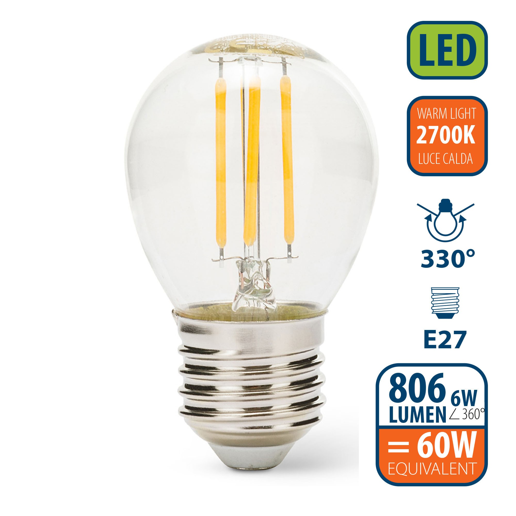 Ampoule à filament LED, sphère P45, 6W / 806lm, culot E27, 2700K | Leroy Merlin