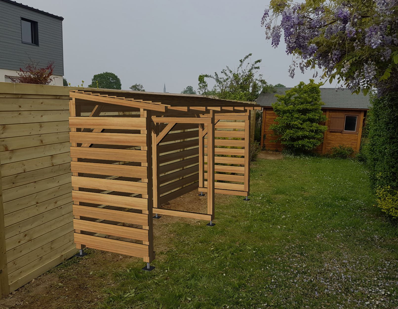 Abri bûches en bois de 4m classe 3 (bucher), couvert & avec fond ...