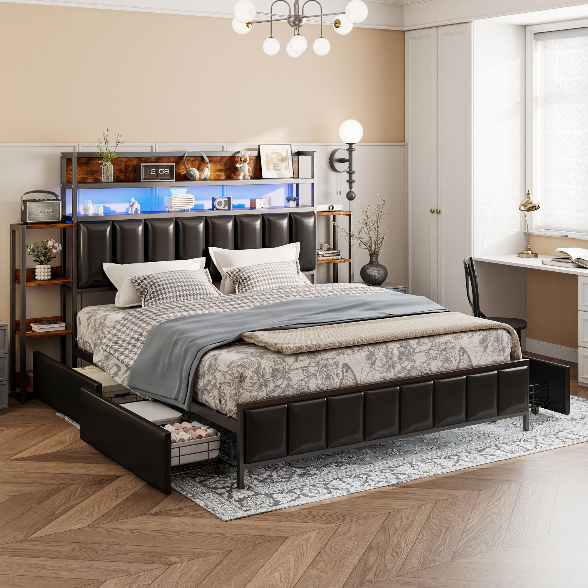 Lit Adulte 160x200 cm - LED - Tête avec Étagères - 4 Tiroirs - Simili ...