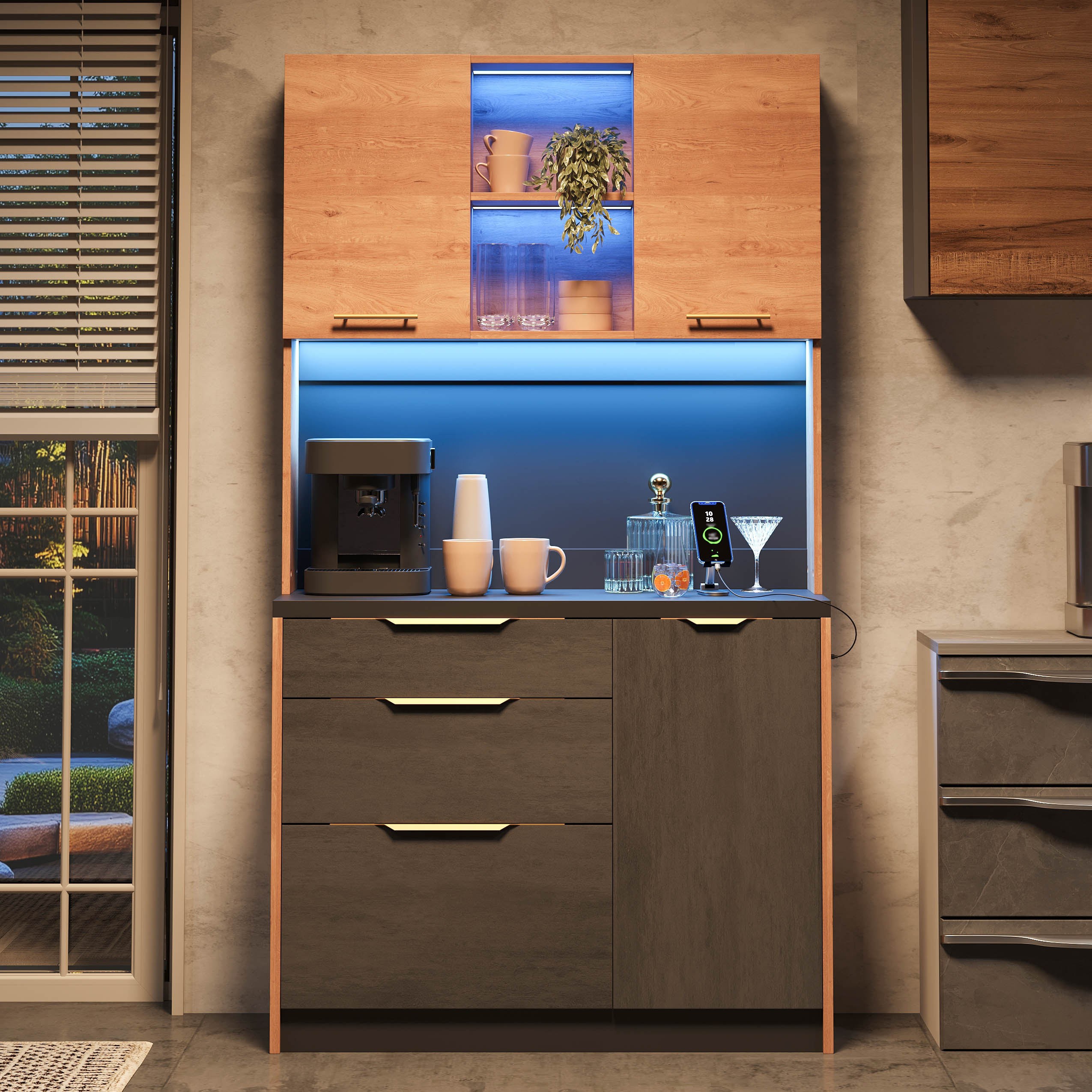 Buffet de cuisine haut - Aspect béton et bois - MDF - Gris et Noir ...