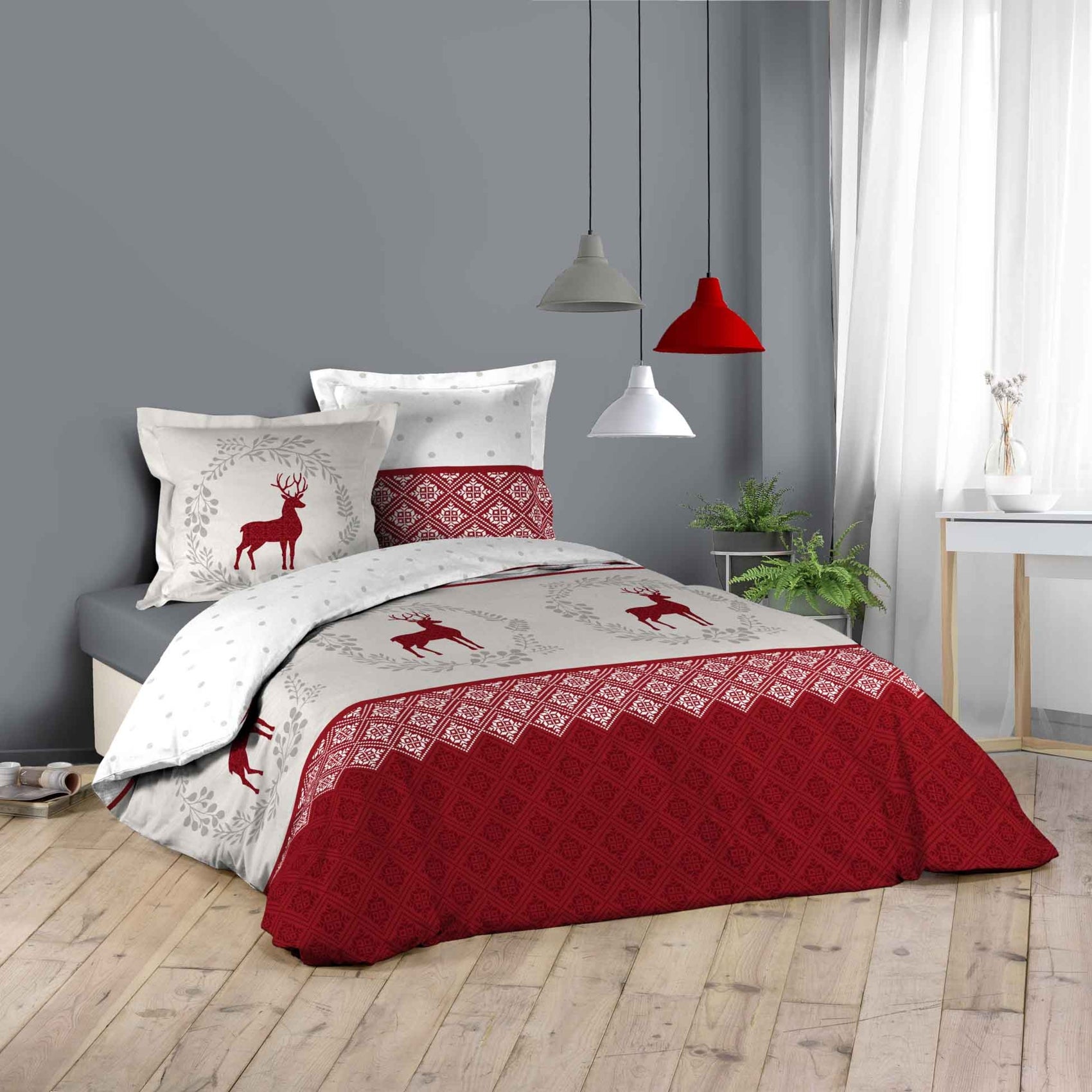 Parure de lit esprit chalet de montagne - Rouge - 240x220 cm - Coton ...