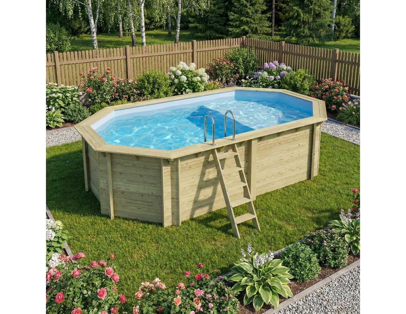 Piscina NEMO 5.79 x 3.49 – H.1.45 m con playa, azul claro, sobre ...