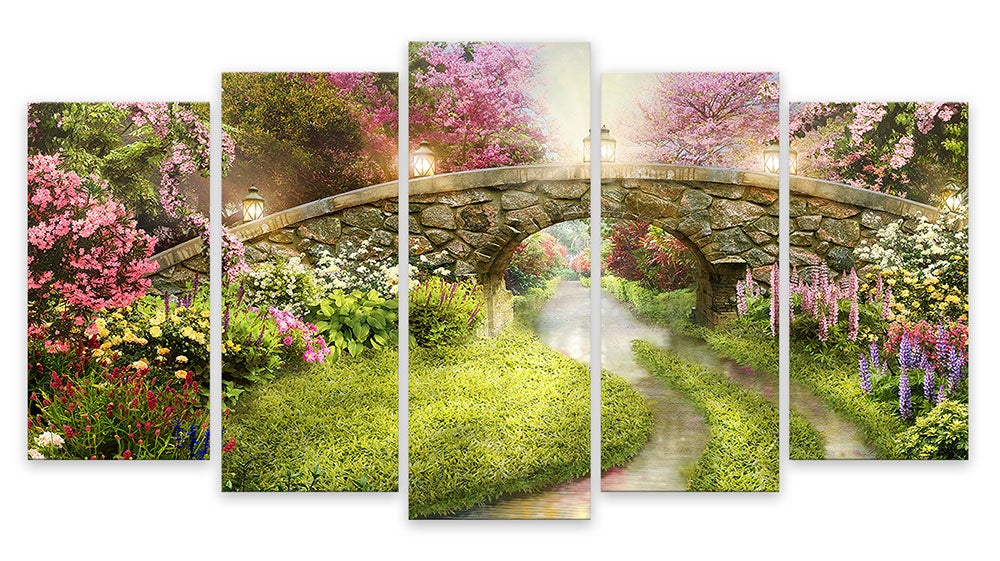 Tableau 5 parties paysage illustré pont de pierre - 150x80 cm | Leroy ...