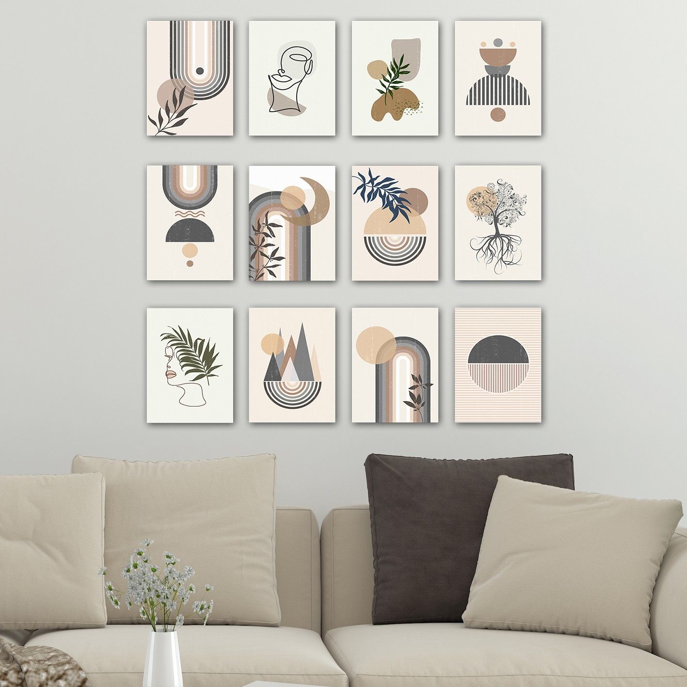 Lot de 12 tableaux abstrait Aranea L20xH15cm Motif Boho Beige ...