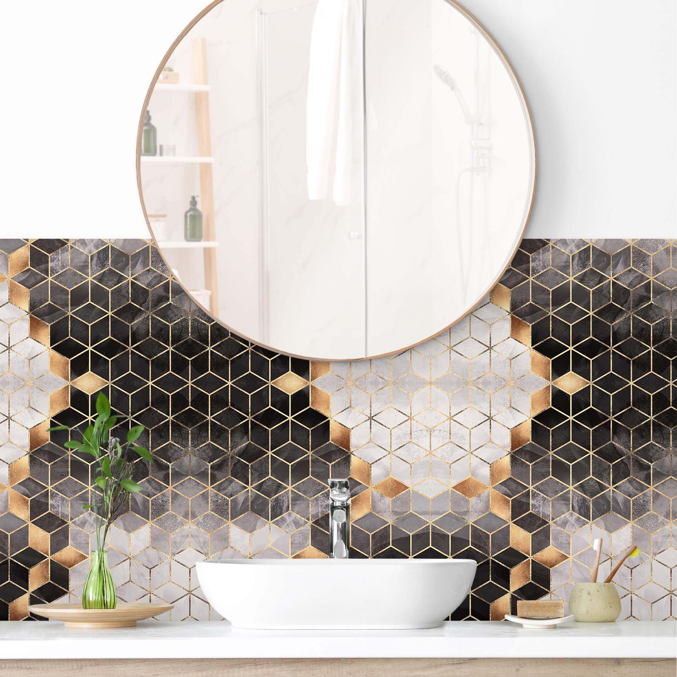 Panneau mural pour salle de bain - Noir Blanc Géométrie dorée II 300 x ...