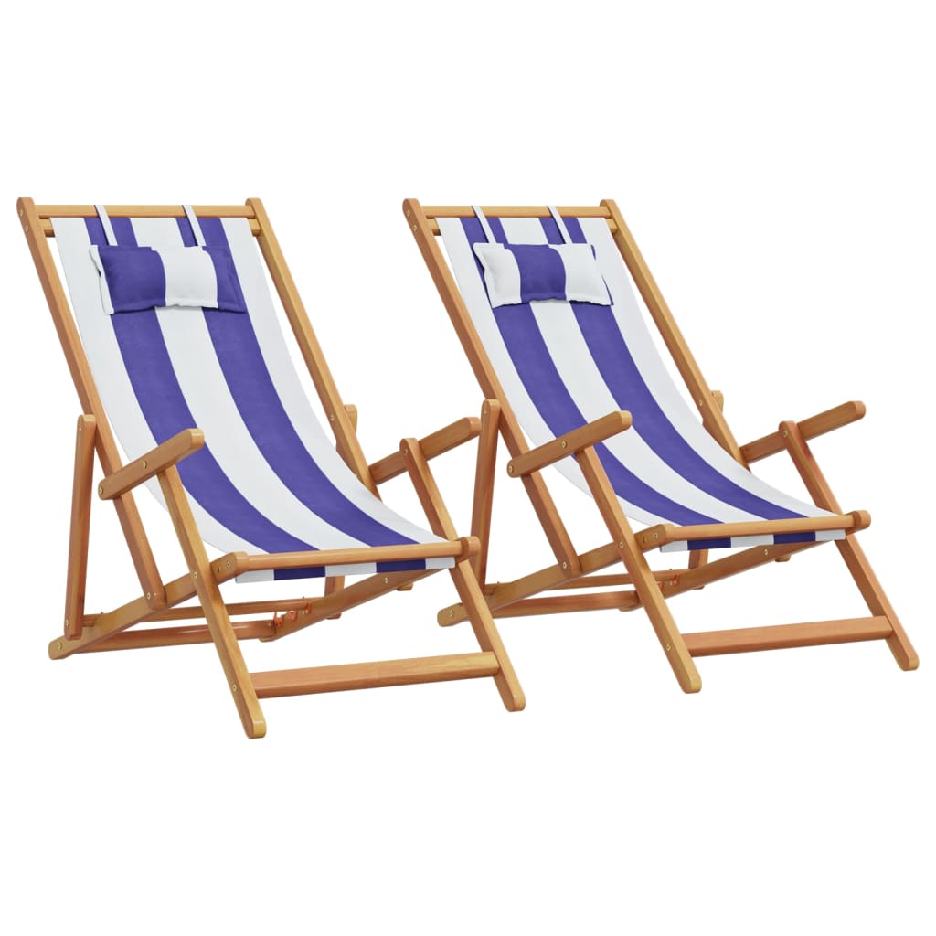 Chaises de plage pliantes lot de 2 bleu blanc tissu bois massif | Leroy ...