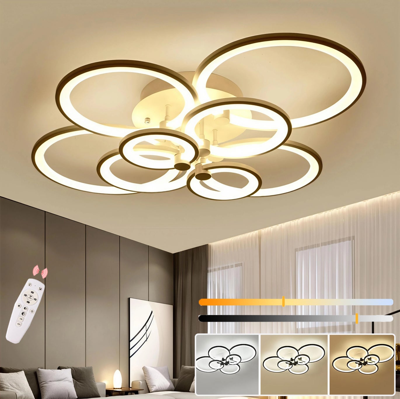 Ściemnialna lampa sufitowa LED 128 W z pilotem, 8 pierścieni świetlnych ...