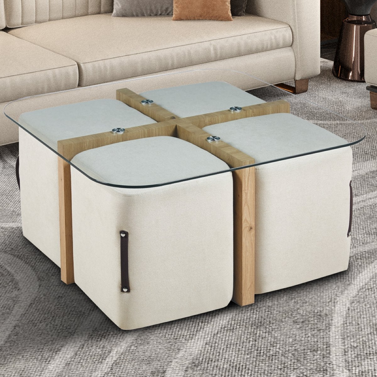 Table basse en bois et en verre avec poufs NASH | Leroy Merlin