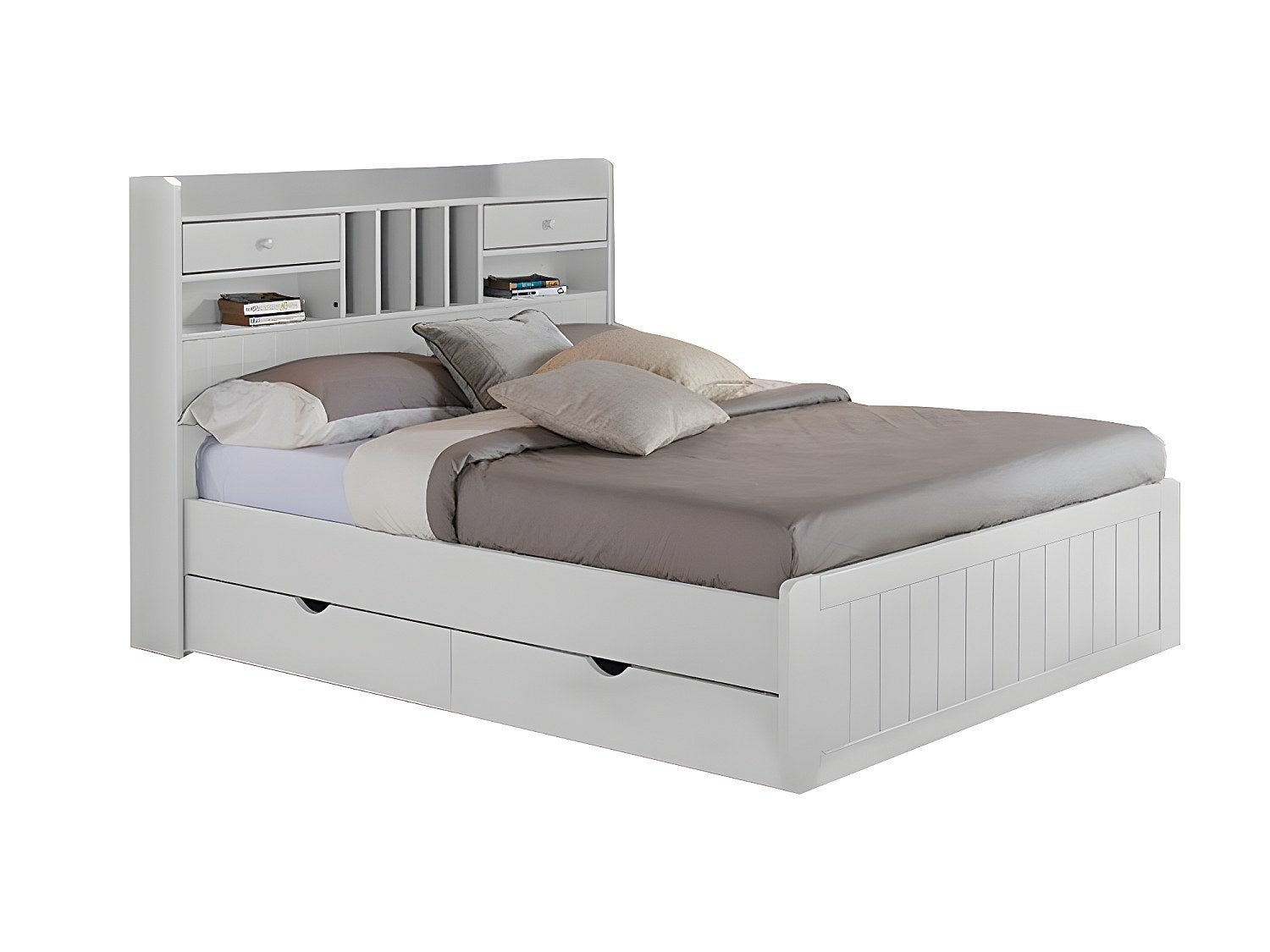 Lit avec rangements 140 x 190 cm - Pin - Blanc + Sommier - MEDERICK ...