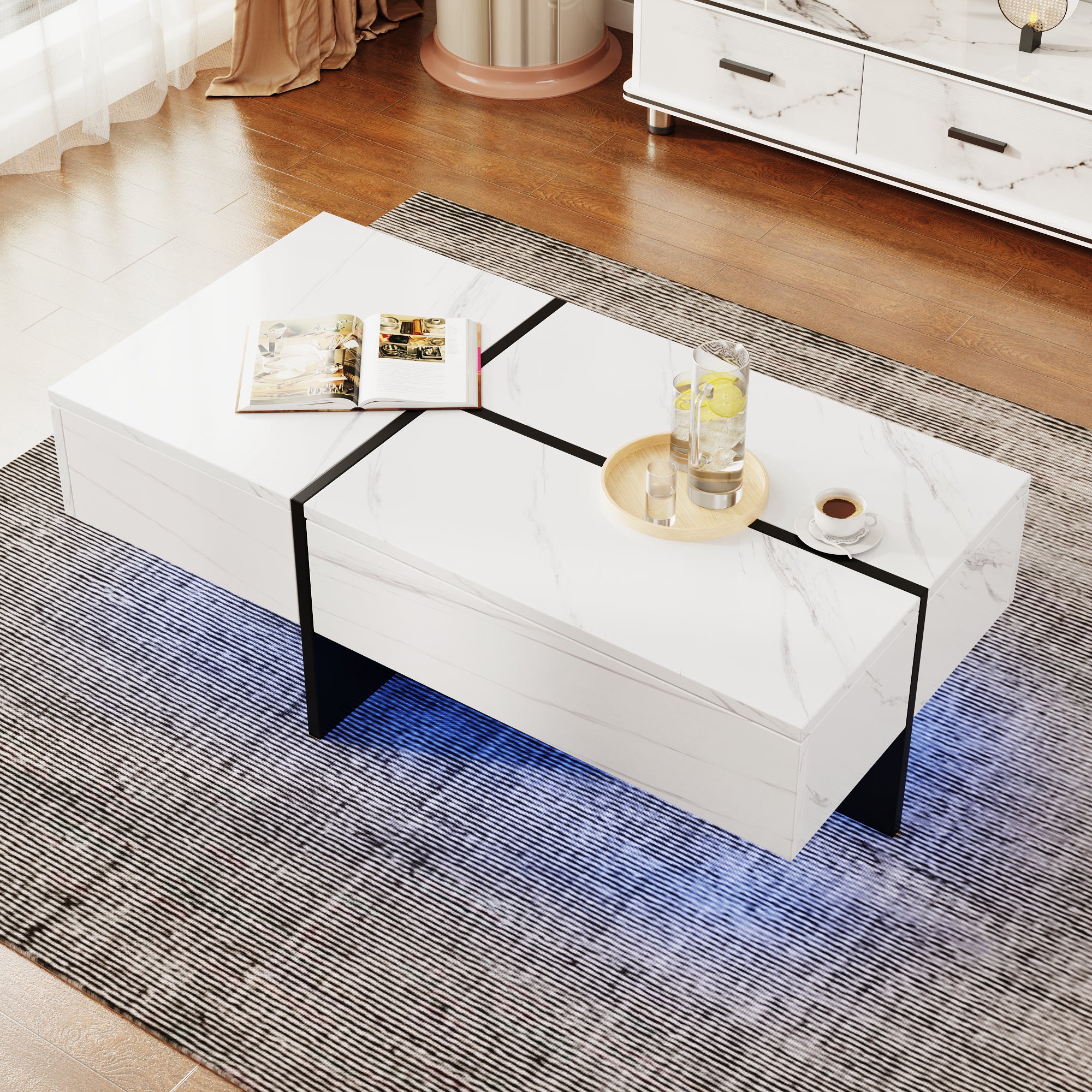 Table bas de canapé design - Marbre imitation blanc, structure noire ...