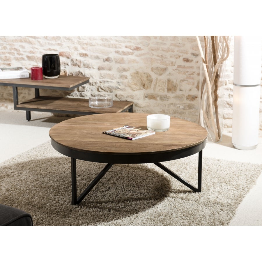 ALIDA - Table basse ronde 90x90cm plateau teck recyclé pied métal noir ...