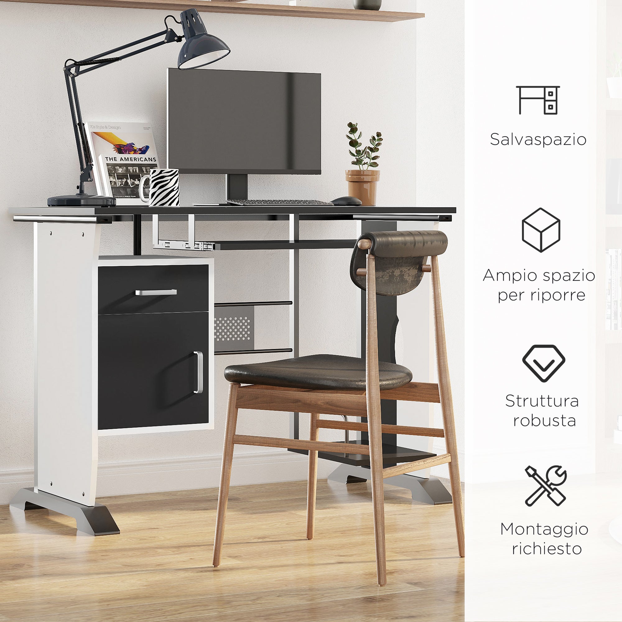 Escritorio de ordenador con bandeja para teclado, cajón y armario ...