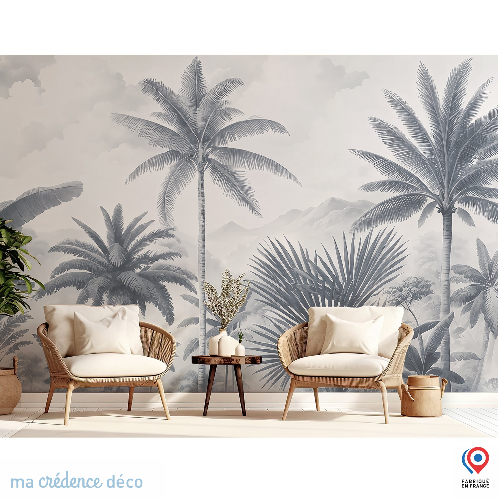 Papier peint Palmiers et paysage, Aquarelle - Intissé - L 200 cm x H ...