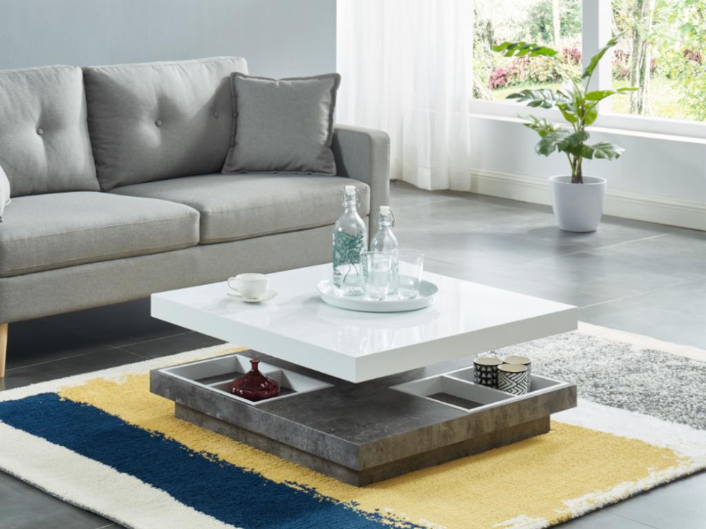Mesa de centro FAUSTO - Tablero pivotante - MDF lacado blanco y cemento ...