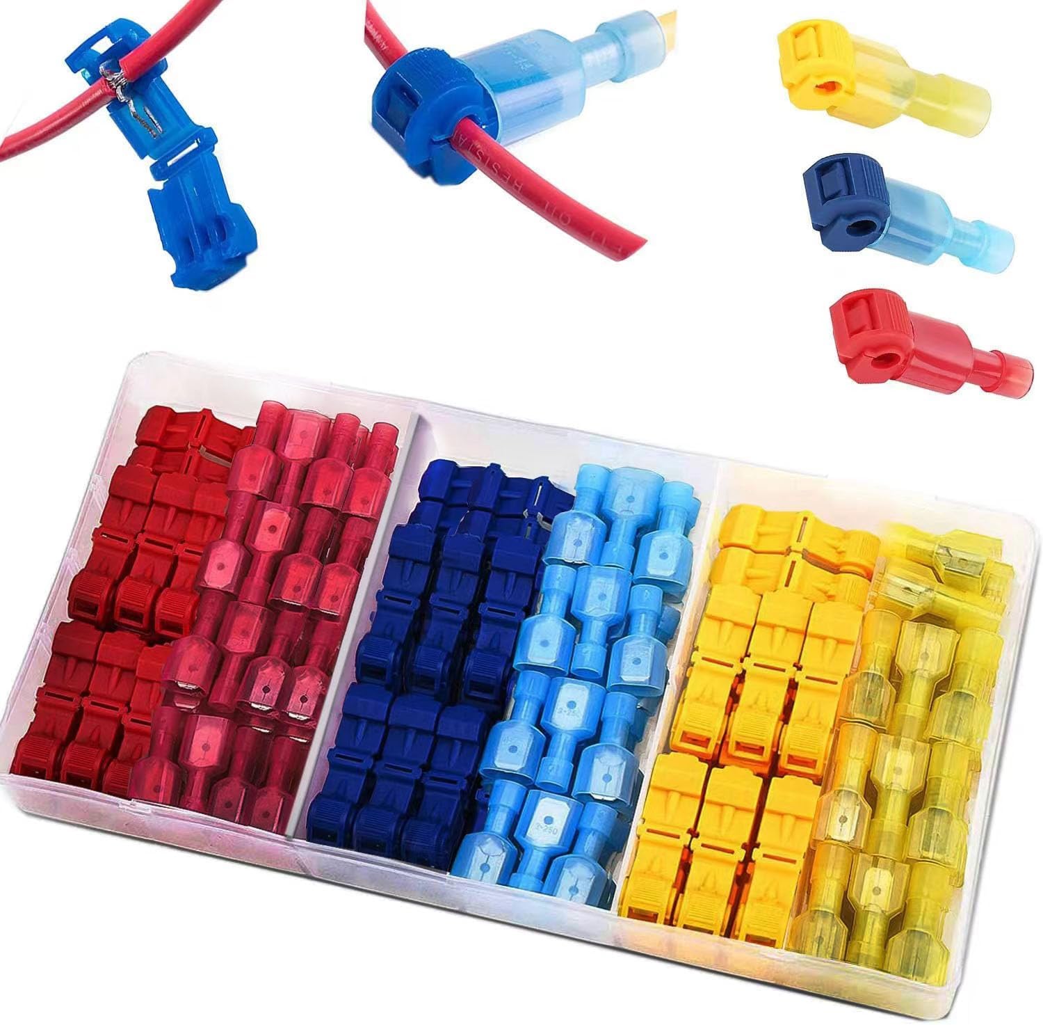 Kit 120 connecteurs T rapides isolés, cosses électriques bleues, jaunes, rouges pour ...