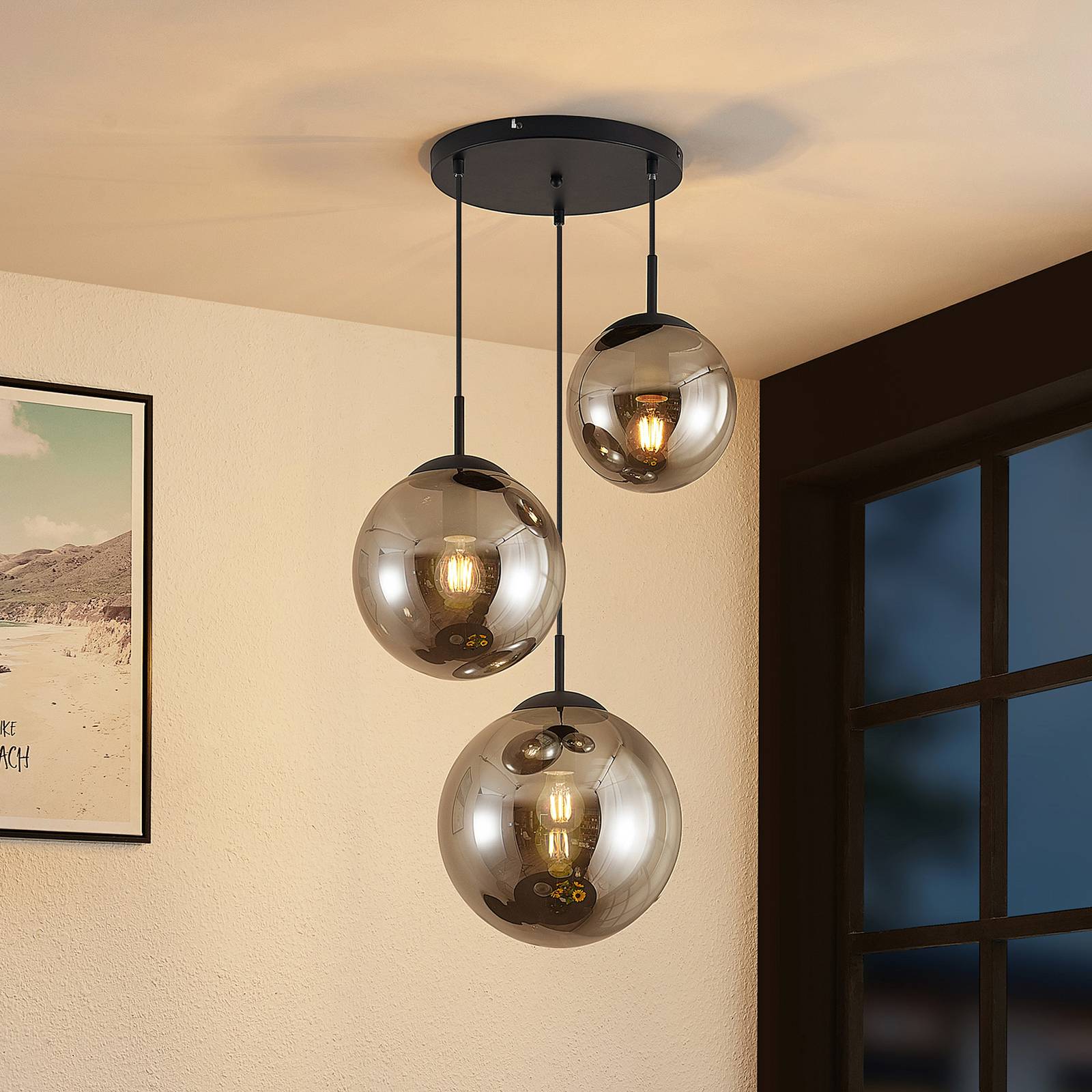Lámpara colgante Lindby Teeja, gris humo, 3 luces, cristal, Ø51cm ...