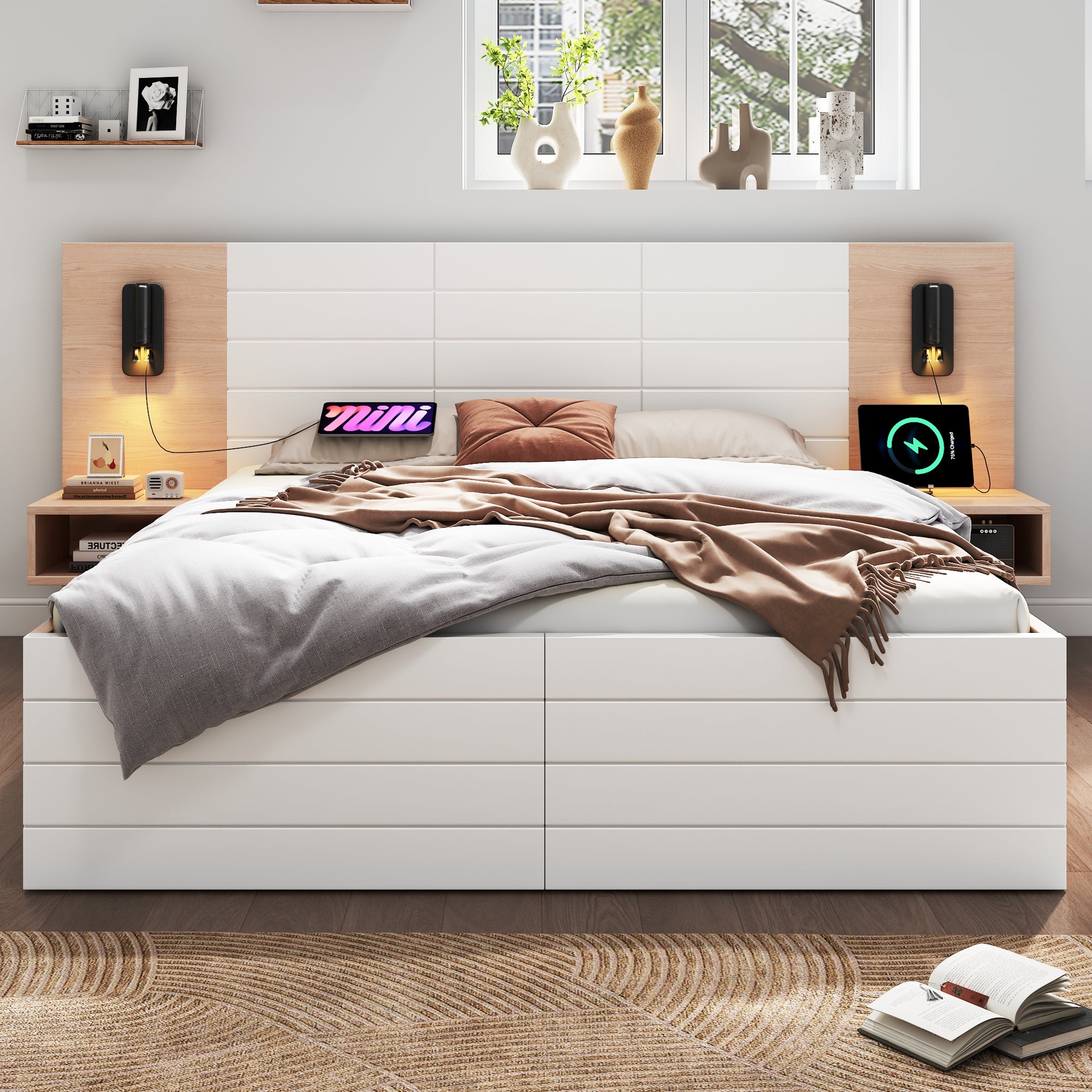 Lit double 160x200 cm en bois - avec 2 chevets et 2 tiroirs - 2 ...