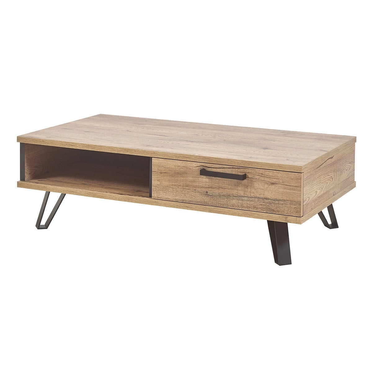 THIBAULT - Table Basse 1 Tiroir 1 Niche Effet Bois et Pieds Métal ...