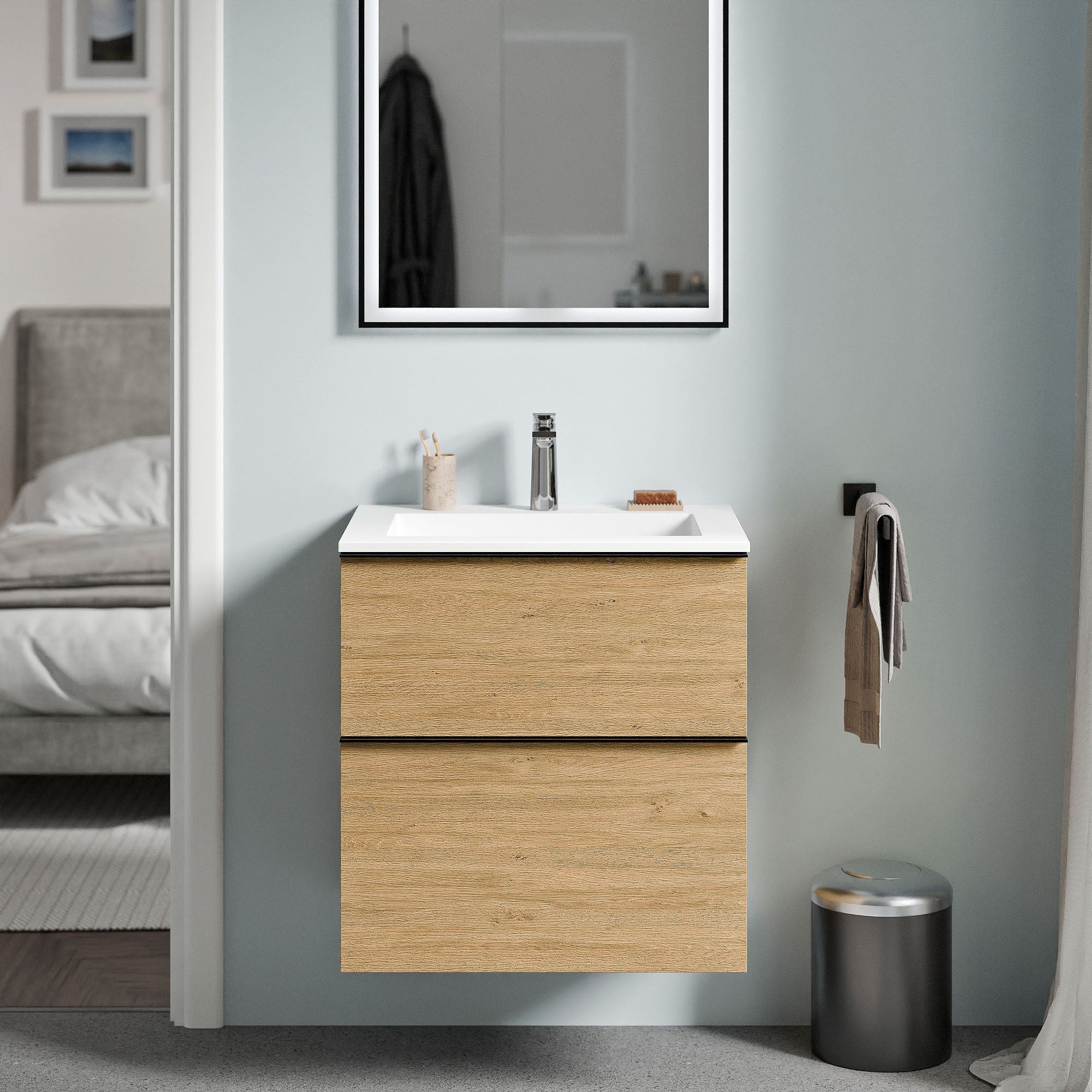 BERNSTEIN - Mueble lavabo suspendido MDF Roble Miel, lavabo fundición ...