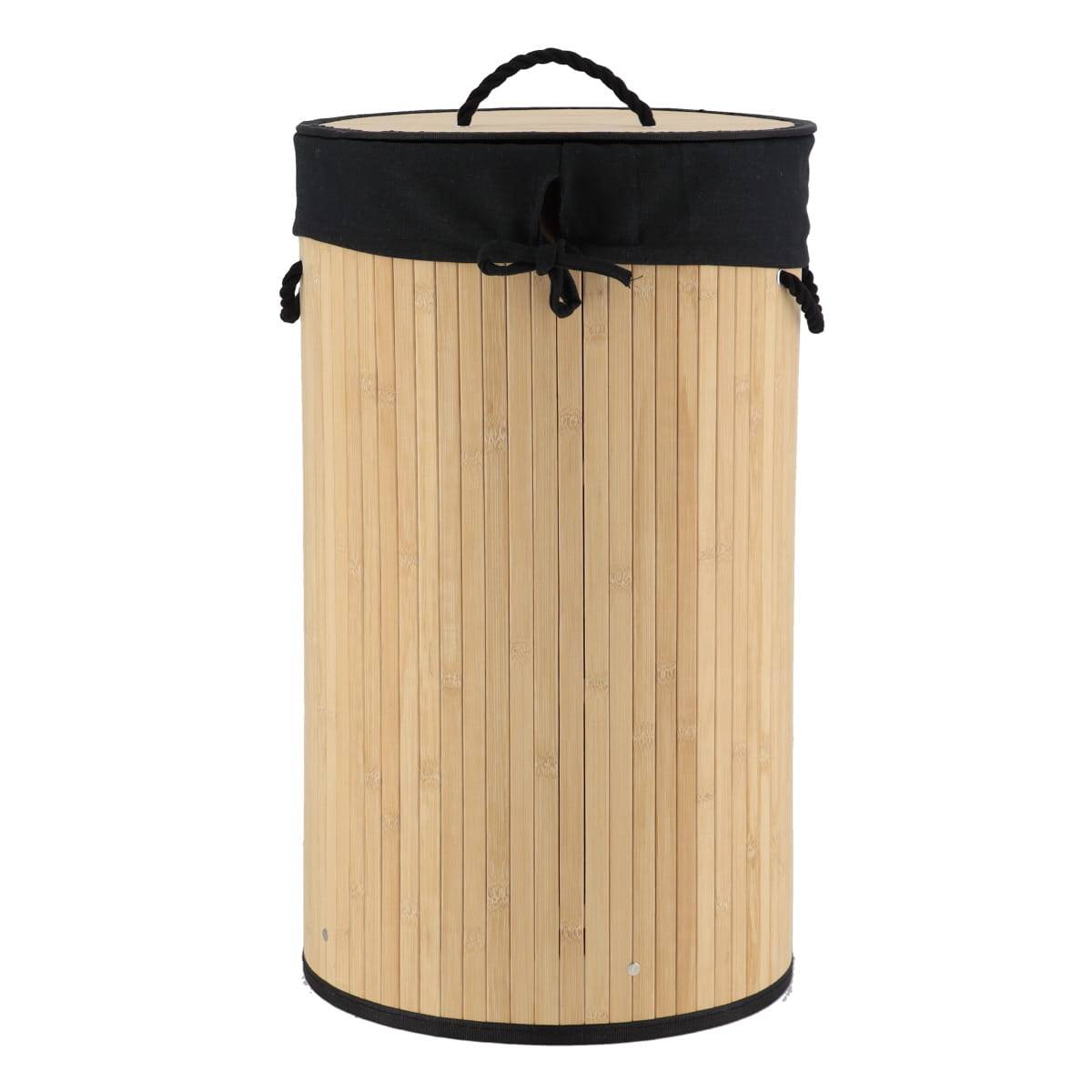 Paniere a linge ronde pliable - bambou tissu lin noir - Tendance ...