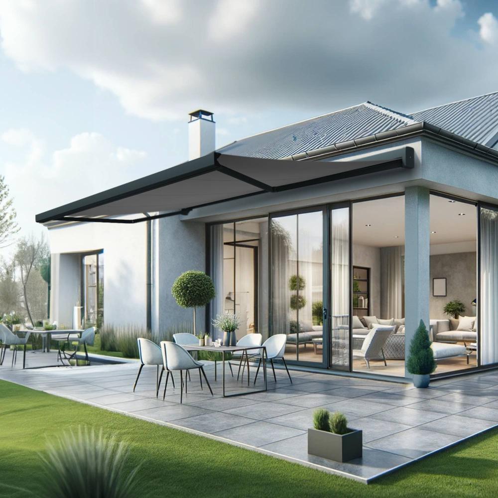 Store banne coffre AMURI 4.80 x 3.50m (Manuel - Toile : Gris clair ...