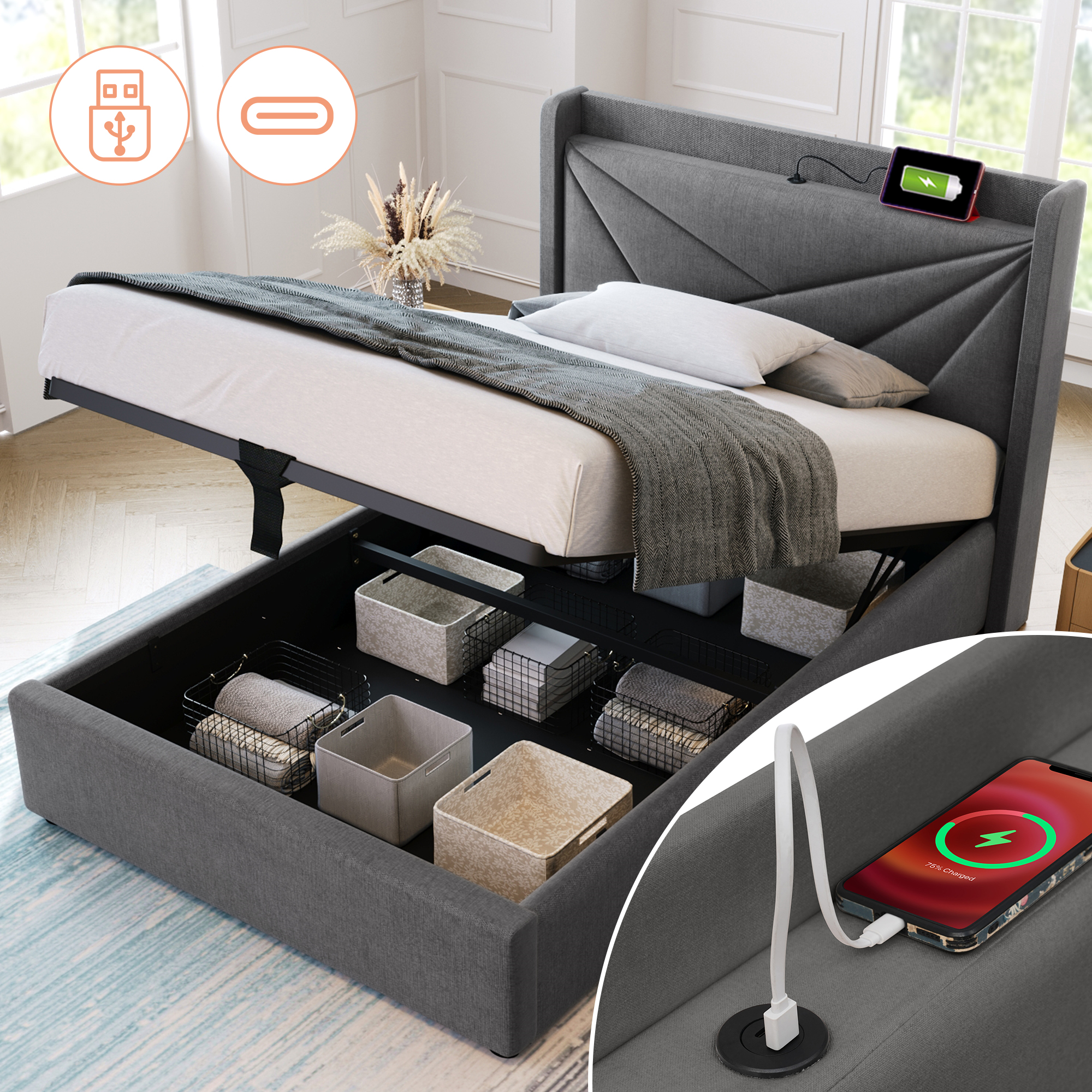 Lit Confortable avec Espace de Rangement, Chargeur USB Type C et Tête ...