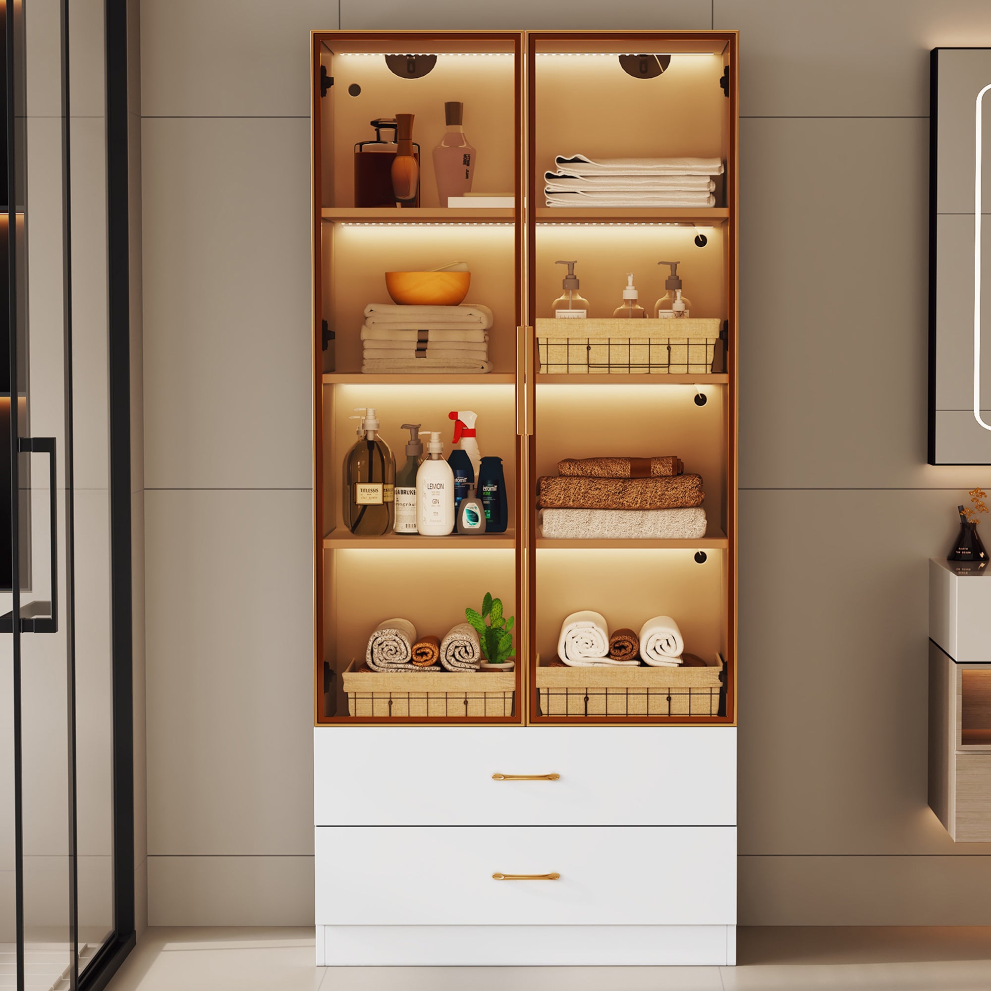 Mueble de baño, mediano, con tira de luz, 75 cm de ancho, con 2 cajones ...