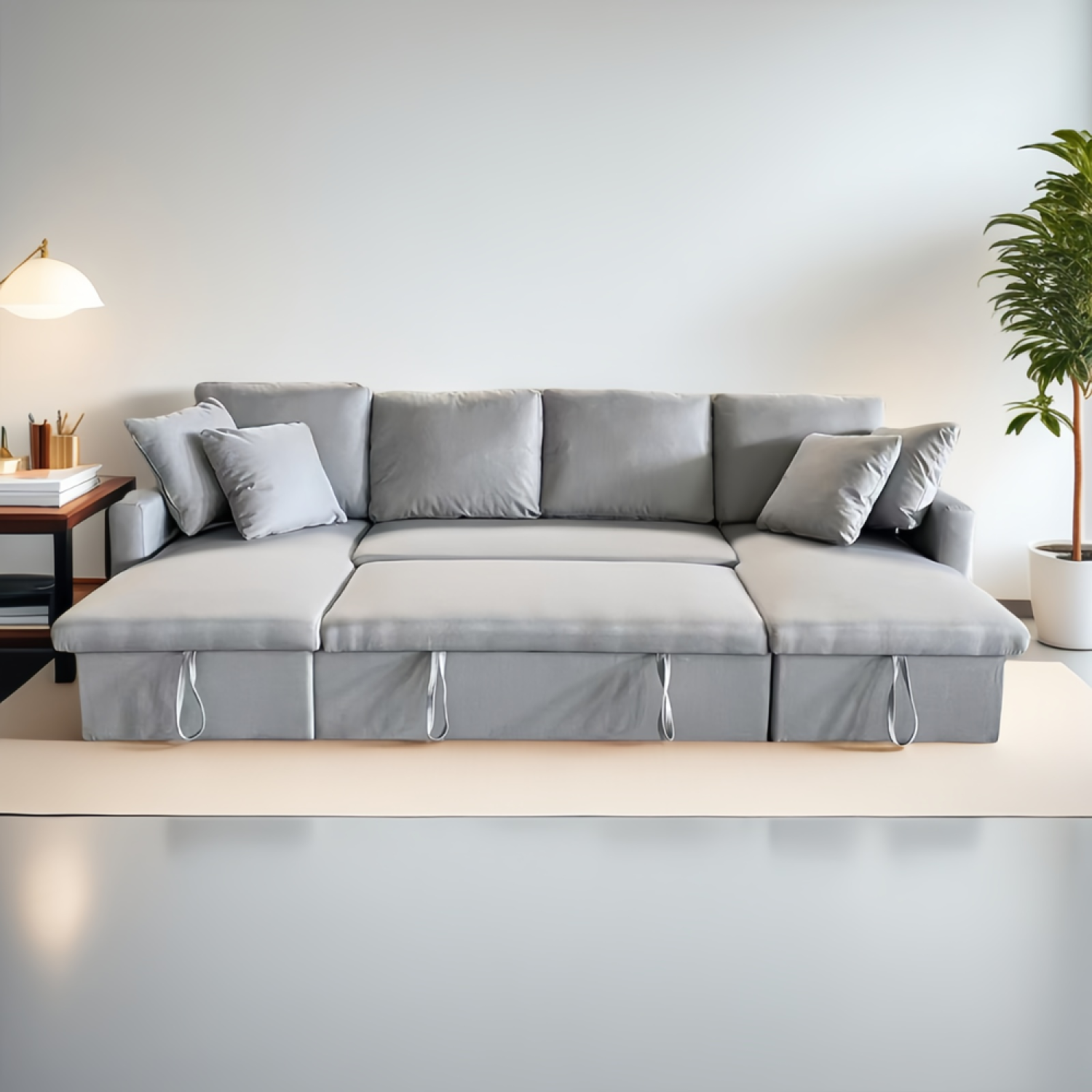 Canapé panoramique convertible 4 places en tissu avec coffre - gris clair MAHÉ | Leroy Merlin