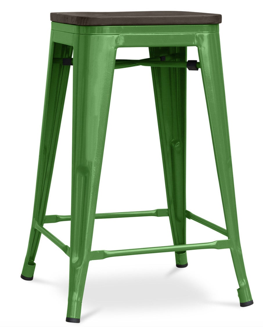 Taburete industrial de acero brillo y asiento de madera maciza marrón ...