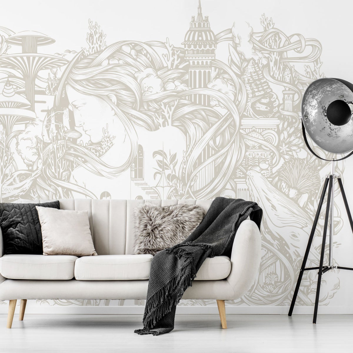 Carta da parati panoramica grafica dei mondi sottomarini, Beige 225 x ...